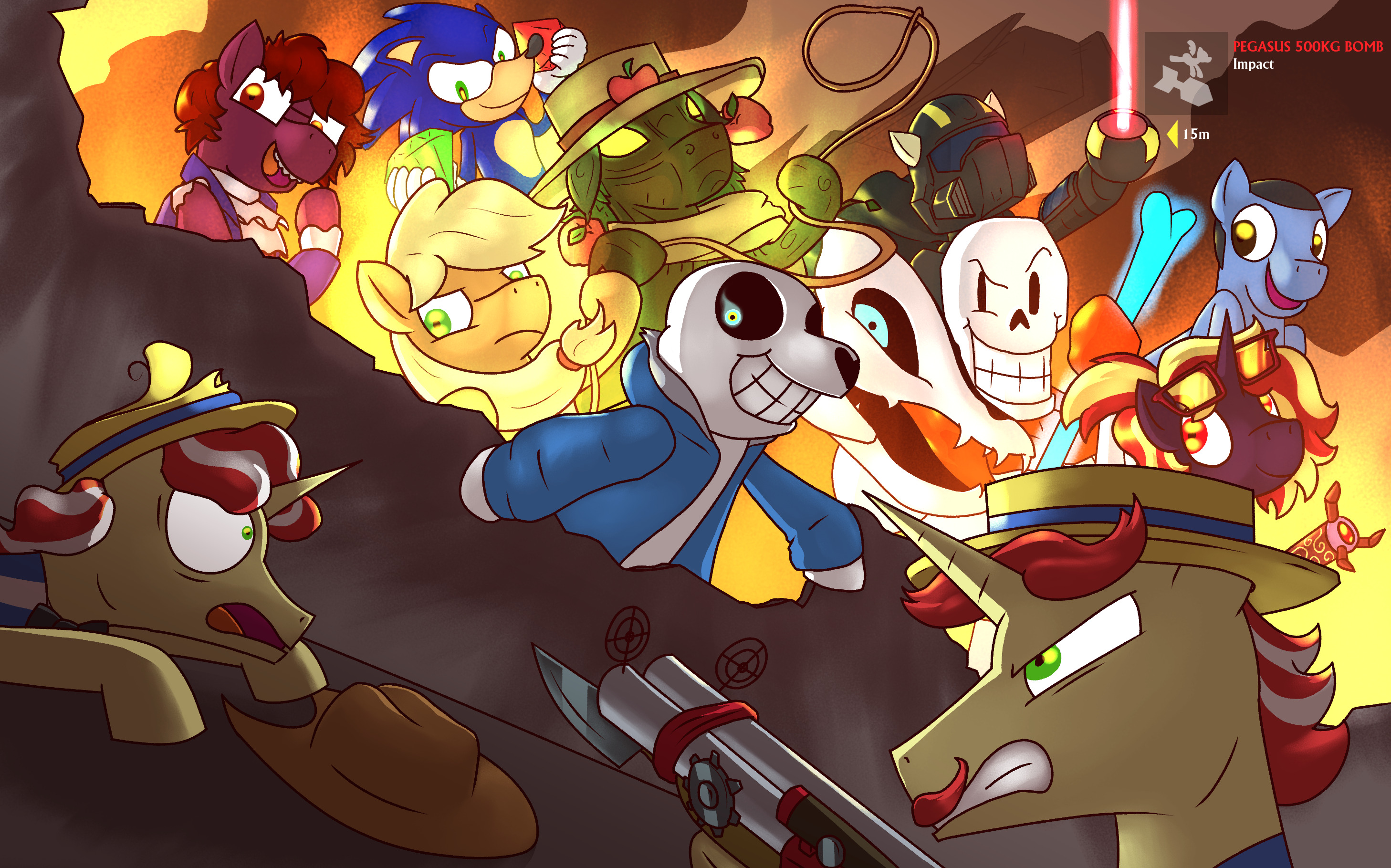 #3383018 - safe, artist:thebirdgang, applejack, flam, flim, oc, earth ...