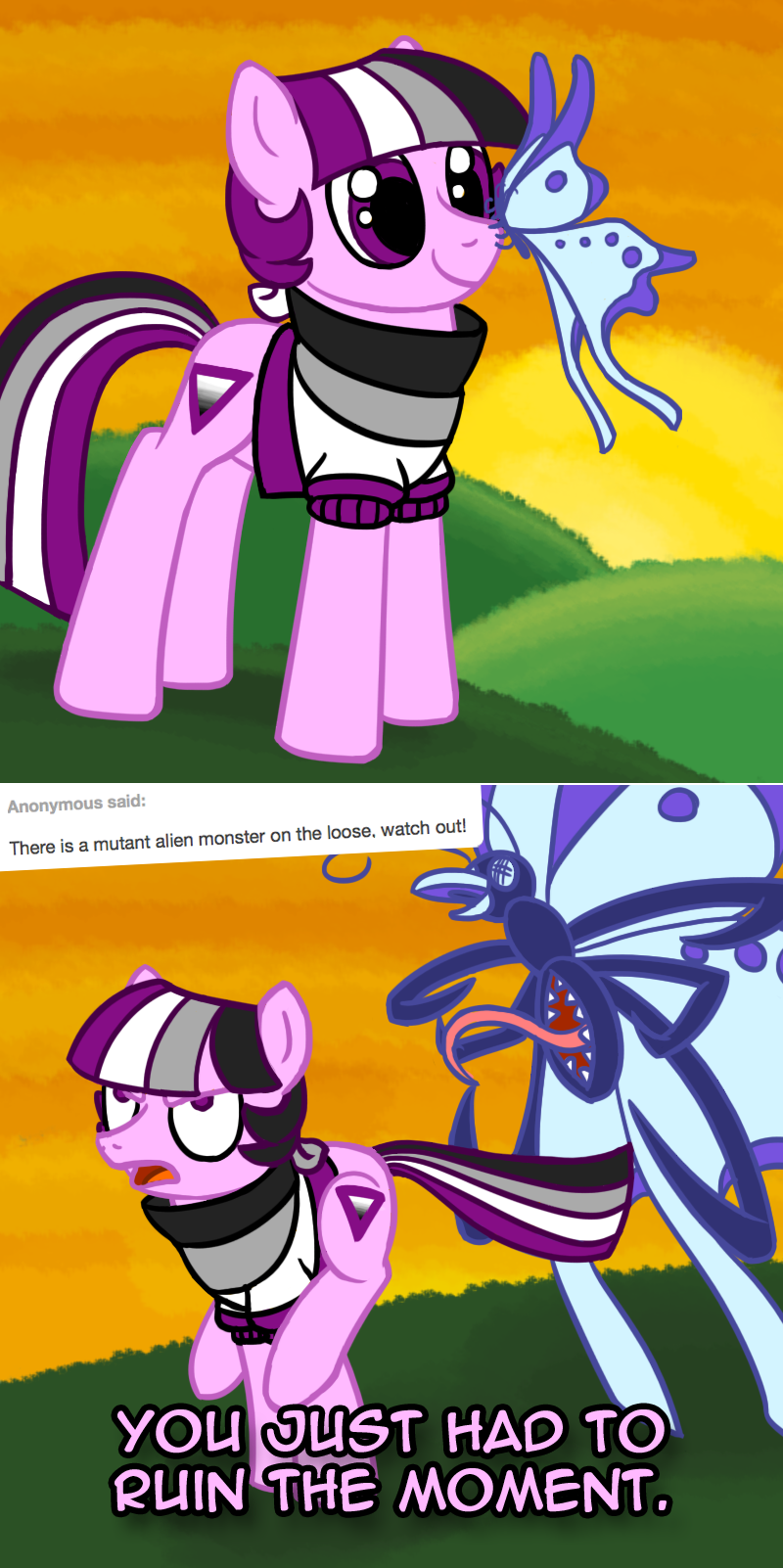 #3380447 - safe, artist:thedragenda, oc, oc:ace, butterfly, earth pony, pony, ask-acepony ...