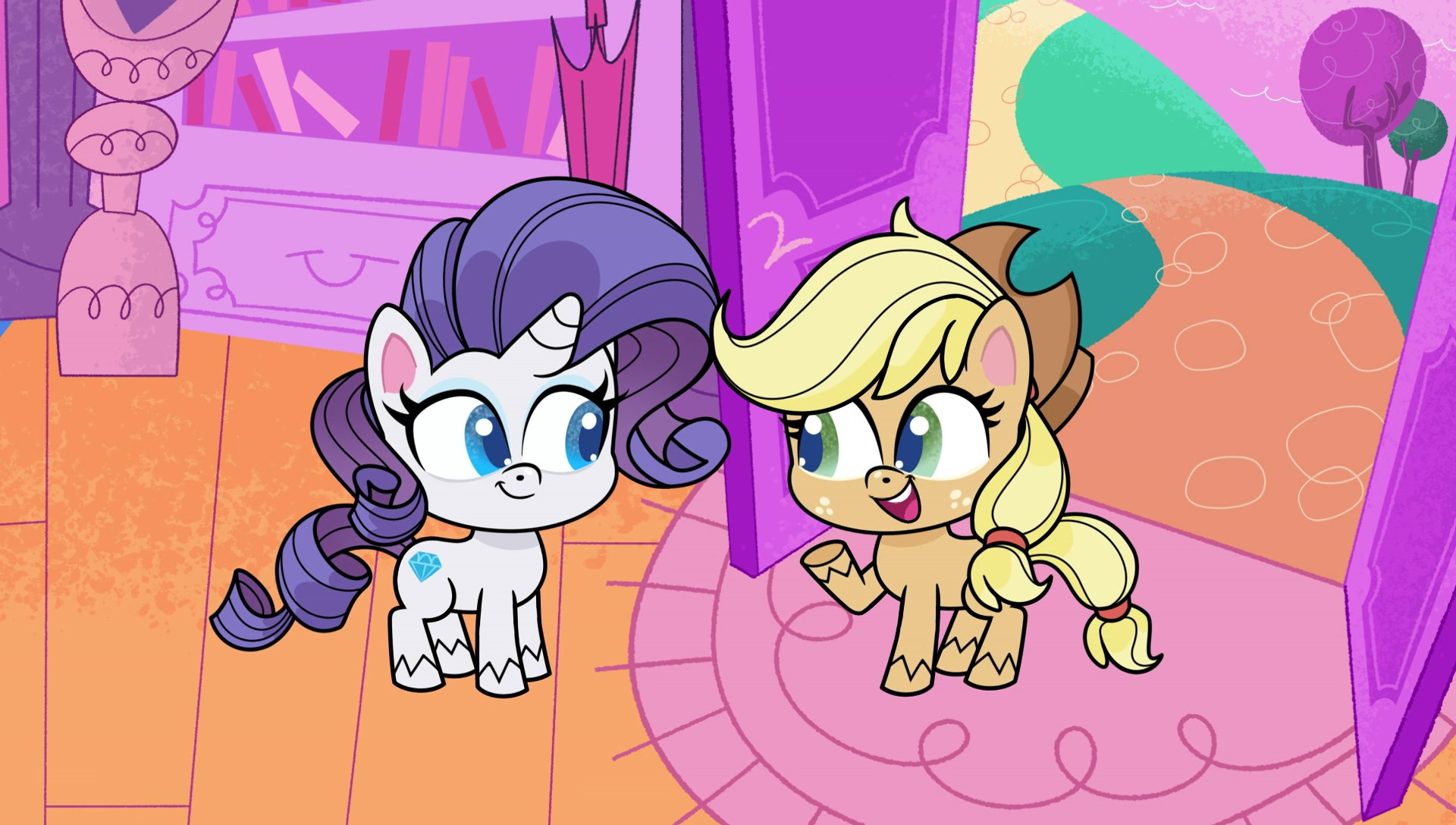 #3397809 - safe, screencap, applejack, rarity, earth pony, pony, unicorn, dear tabby, g4, g4.5 ...