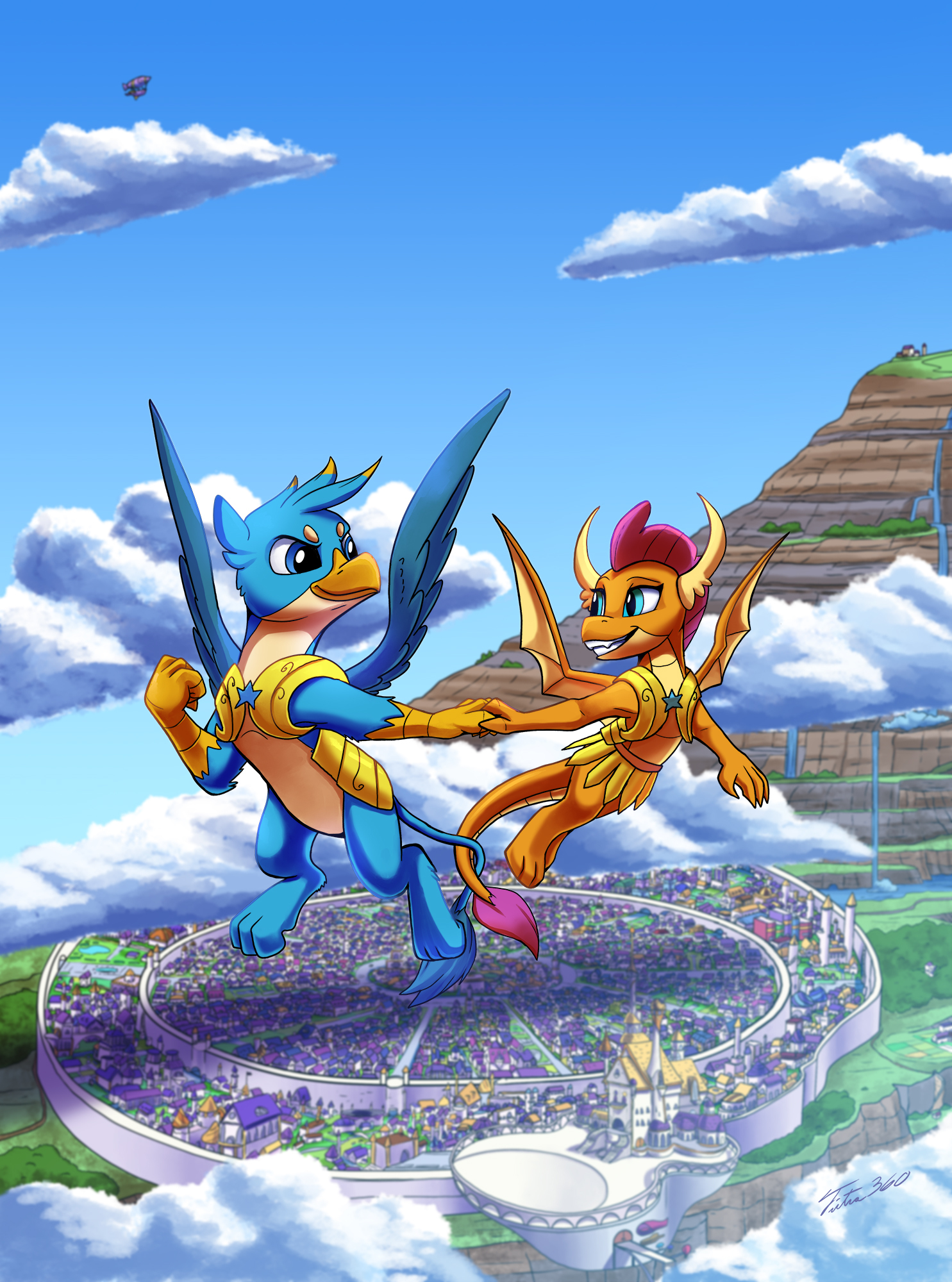 #3397985 - safe, artist:tsitra360, gallus, smolder, dragon, griffon, g4 ...