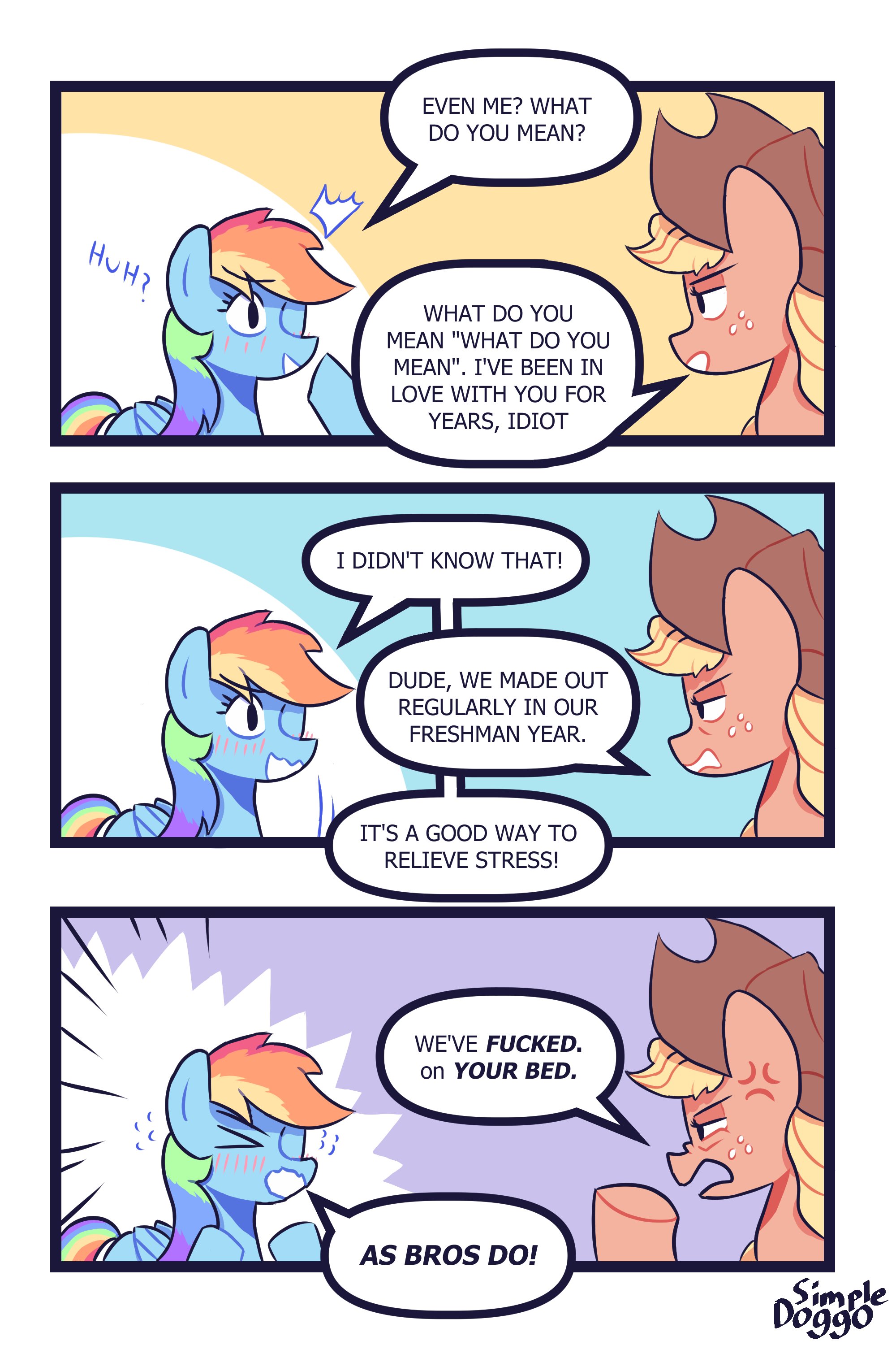 #3420242 - suggestive, artist:simpledoggo, applejack, rainbow dash, earth pony, pegasus, pony ...