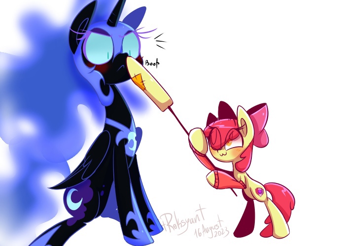 #3423896 - safe, artist:roksyant, apple bloom, nightmare moon, alicorn, earth pony, pony, g4, :3 ...