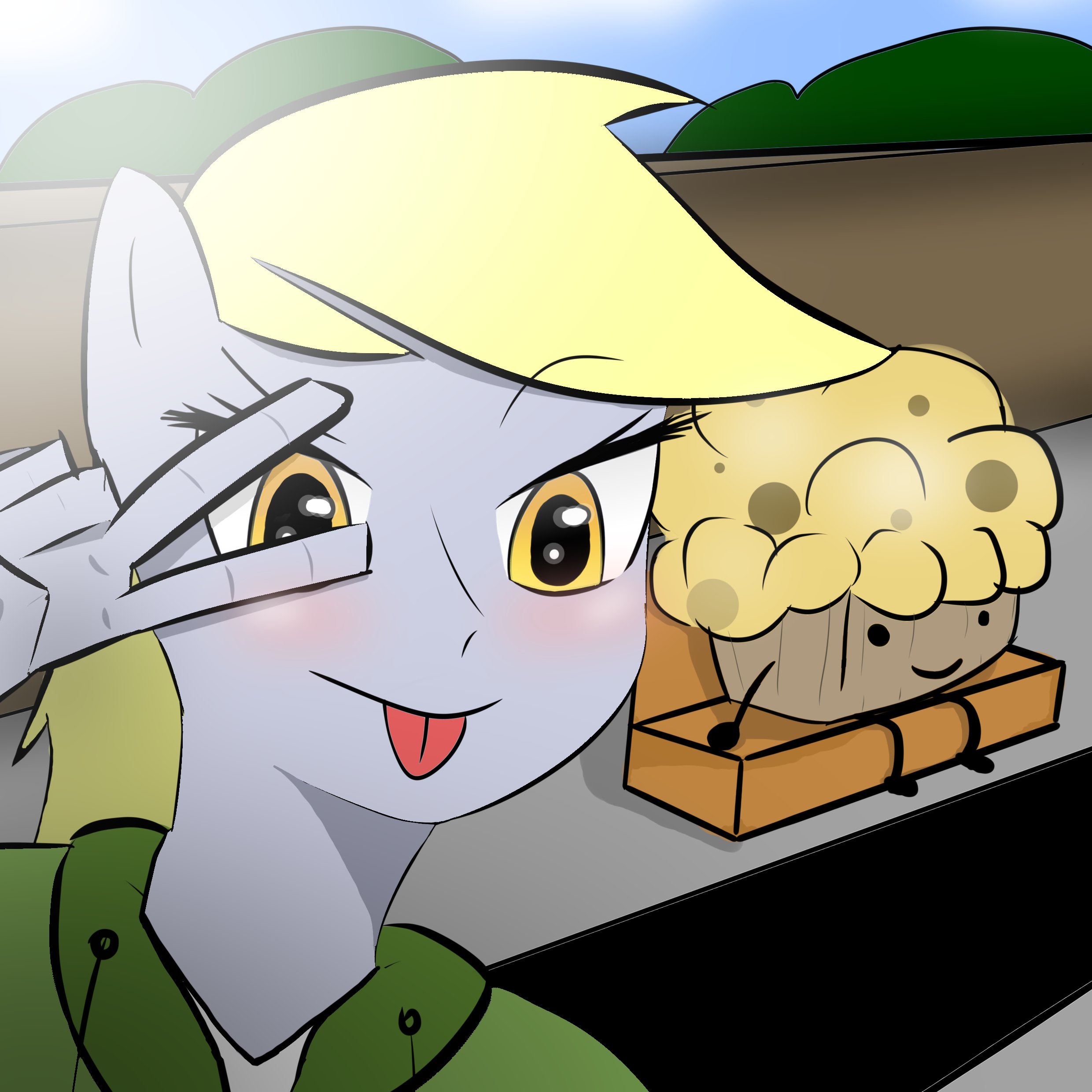 #3413286 - safe, artist:orivika_, derpy hooves, human, anthro, g4, :p, food, looking at you ...