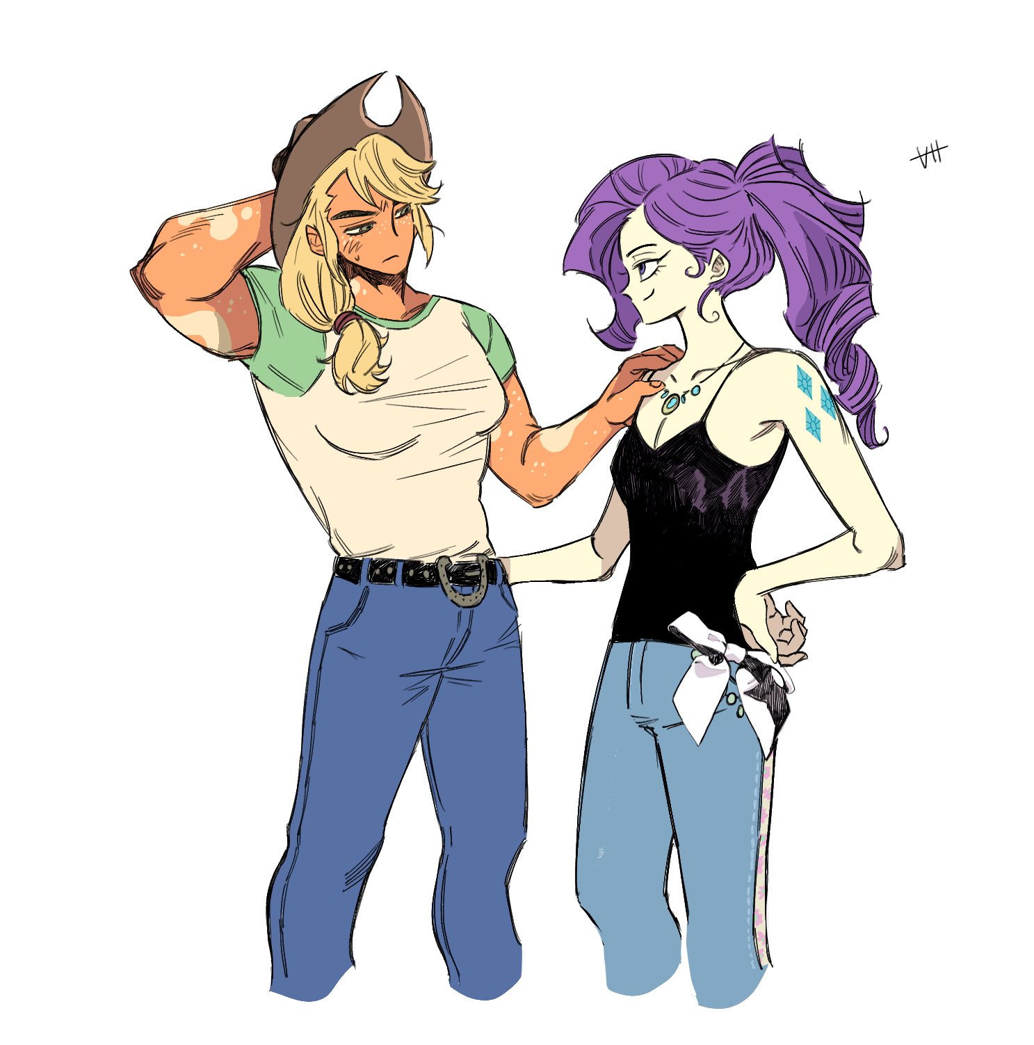 #3414204 - safe, artist:baegopayohungry, applejack, rarity, human, g4 ...