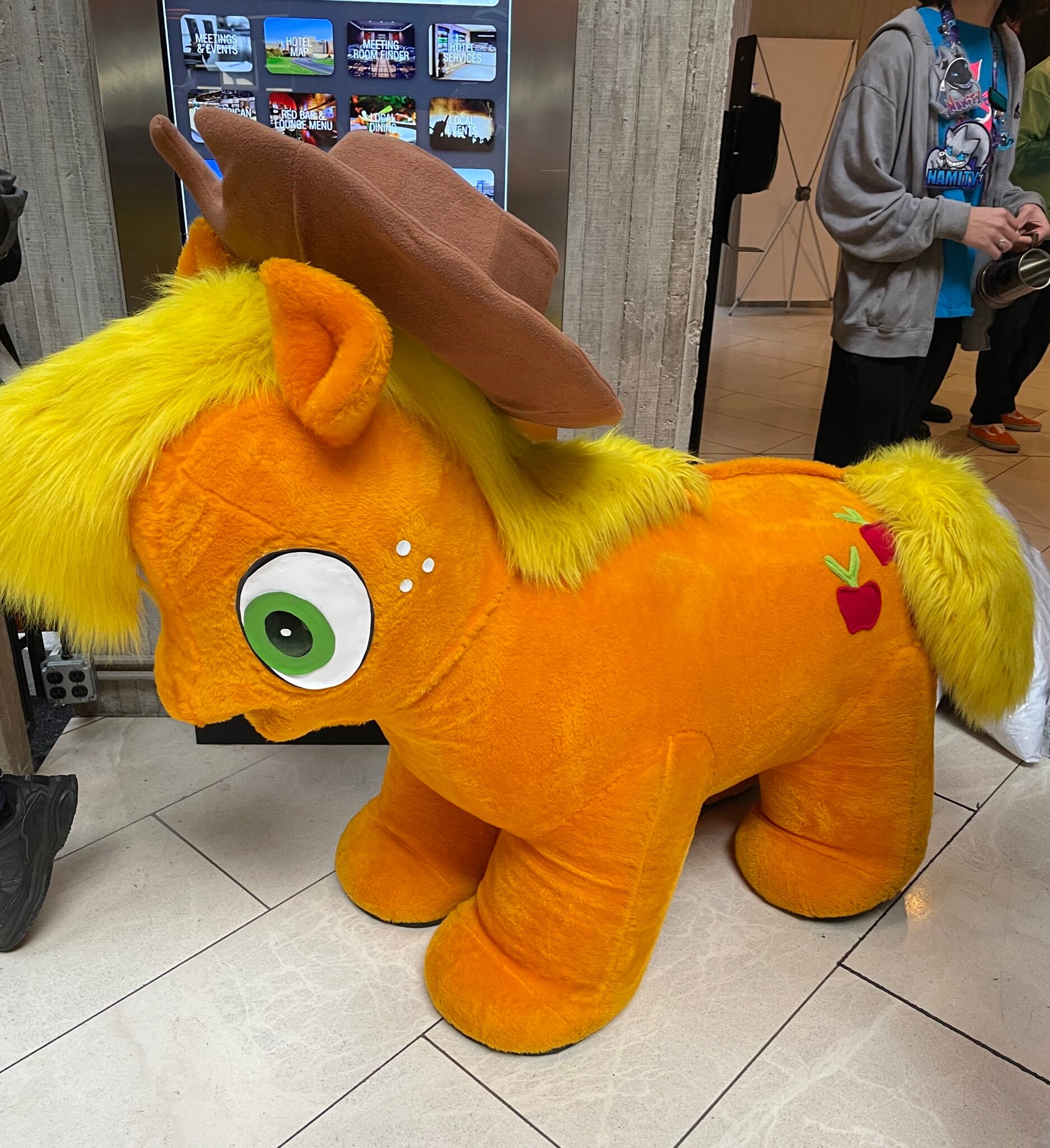 #3417423 - safe, applejack, human, g4, fursuit, hat, indoors, irl, irl ...