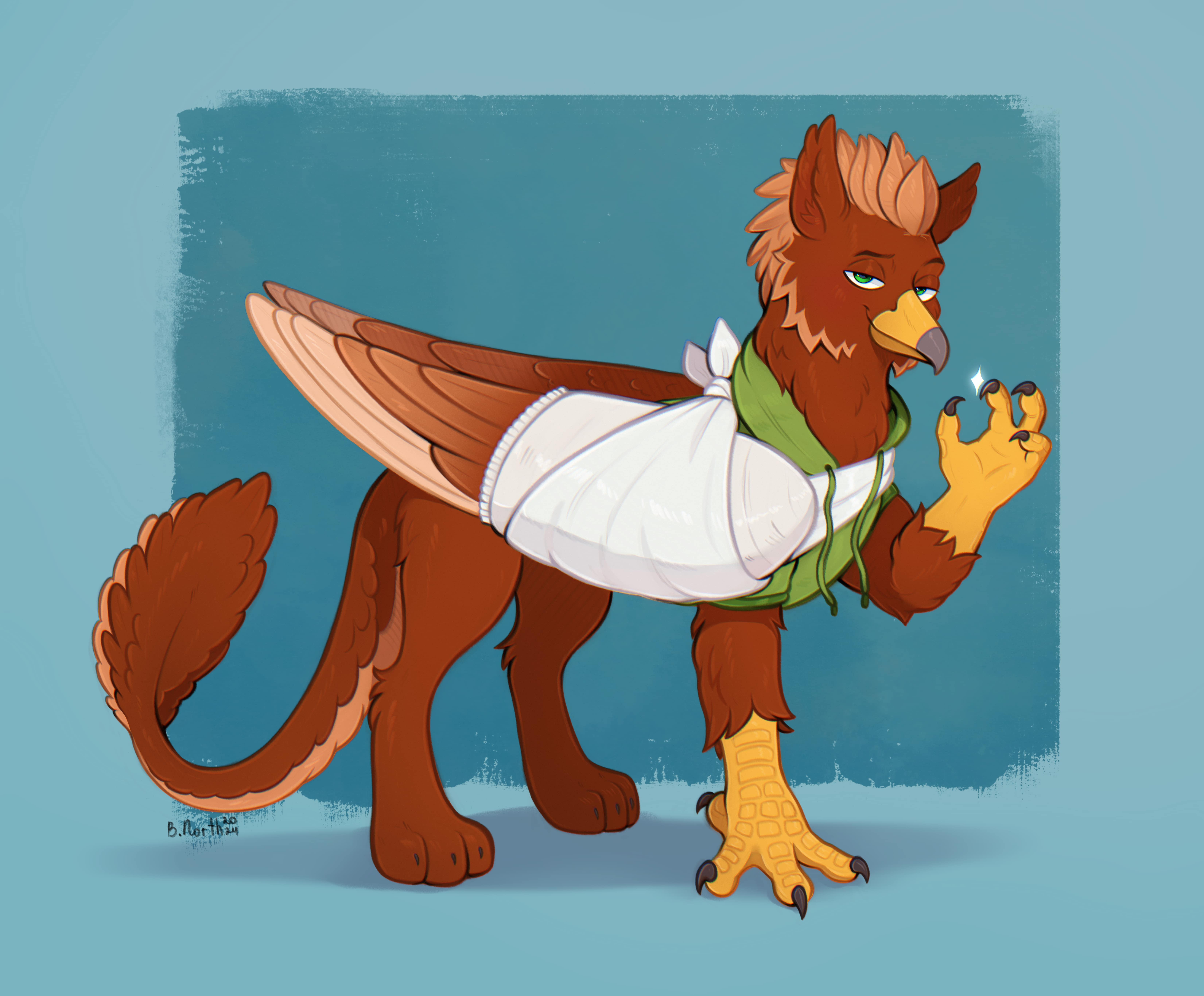 #3452972 - safe, artist:birdoffnorth, oc, oc:pavlos, griffon, bandage, beak, broken bone, broken ...