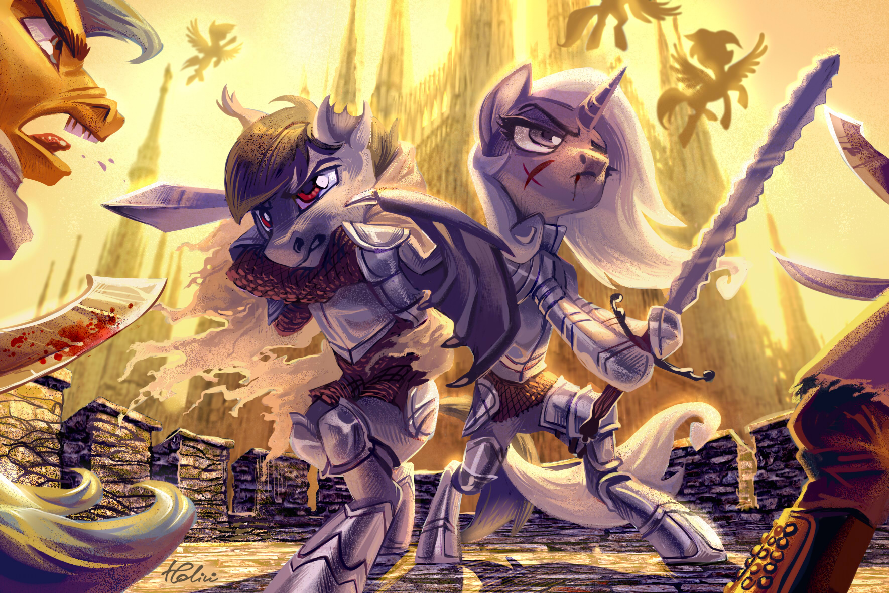 #3526242 - safe, artist:holivi, oc, oc only, bat pony, pony, unicorn, armor, bipedal, blood ...