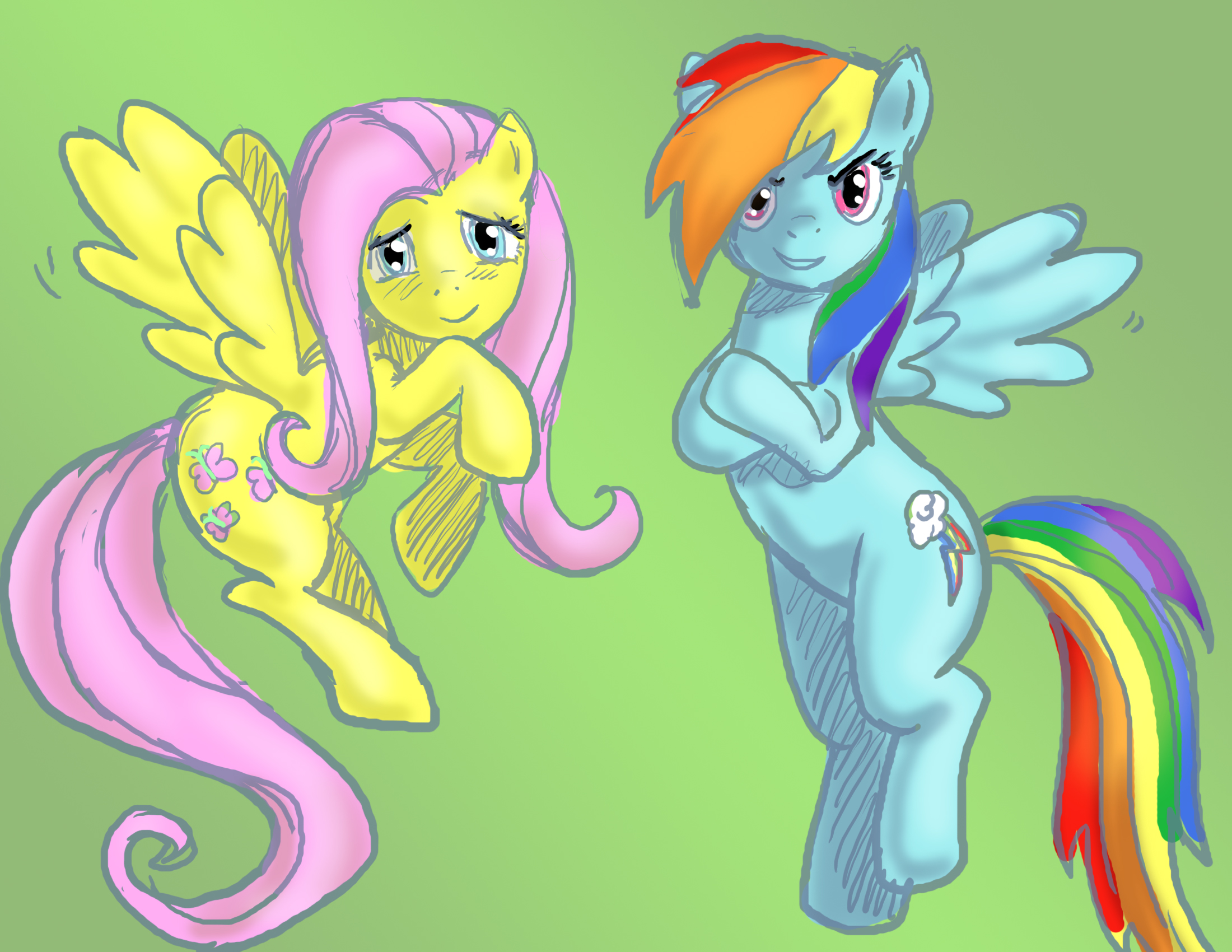 #3551194 - safe, artist:lilly-moo, fluttershy, rainbow dash, pegasus, pony, g4, crossed hooves ...