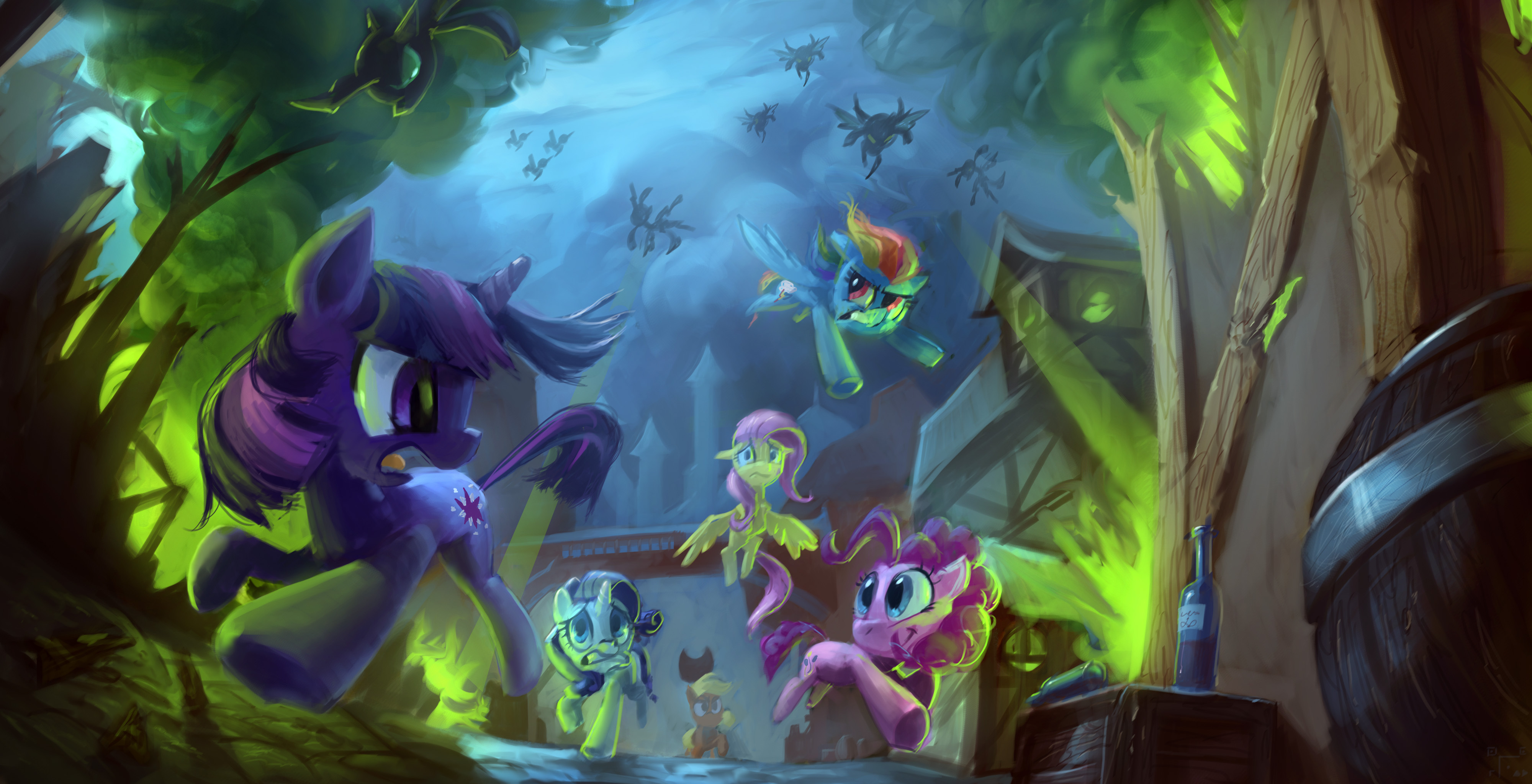 #3553594 - safe, artist:ruffu, applejack, fluttershy, pinkie pie ...