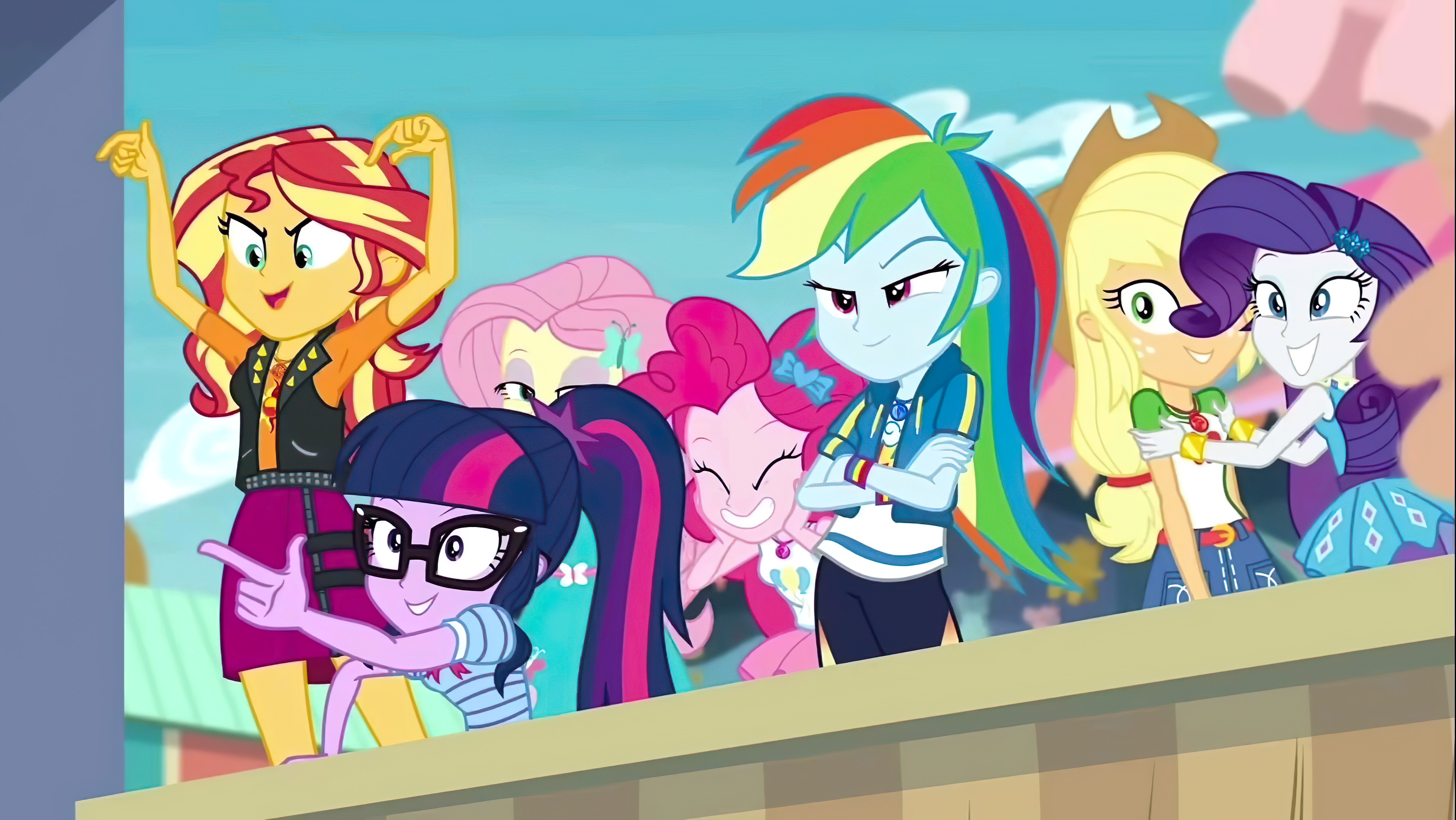 #3556630 - safe, screencap, applejack, fluttershy, pinkie pie, rainbow dash, rarity, sci-twi ...