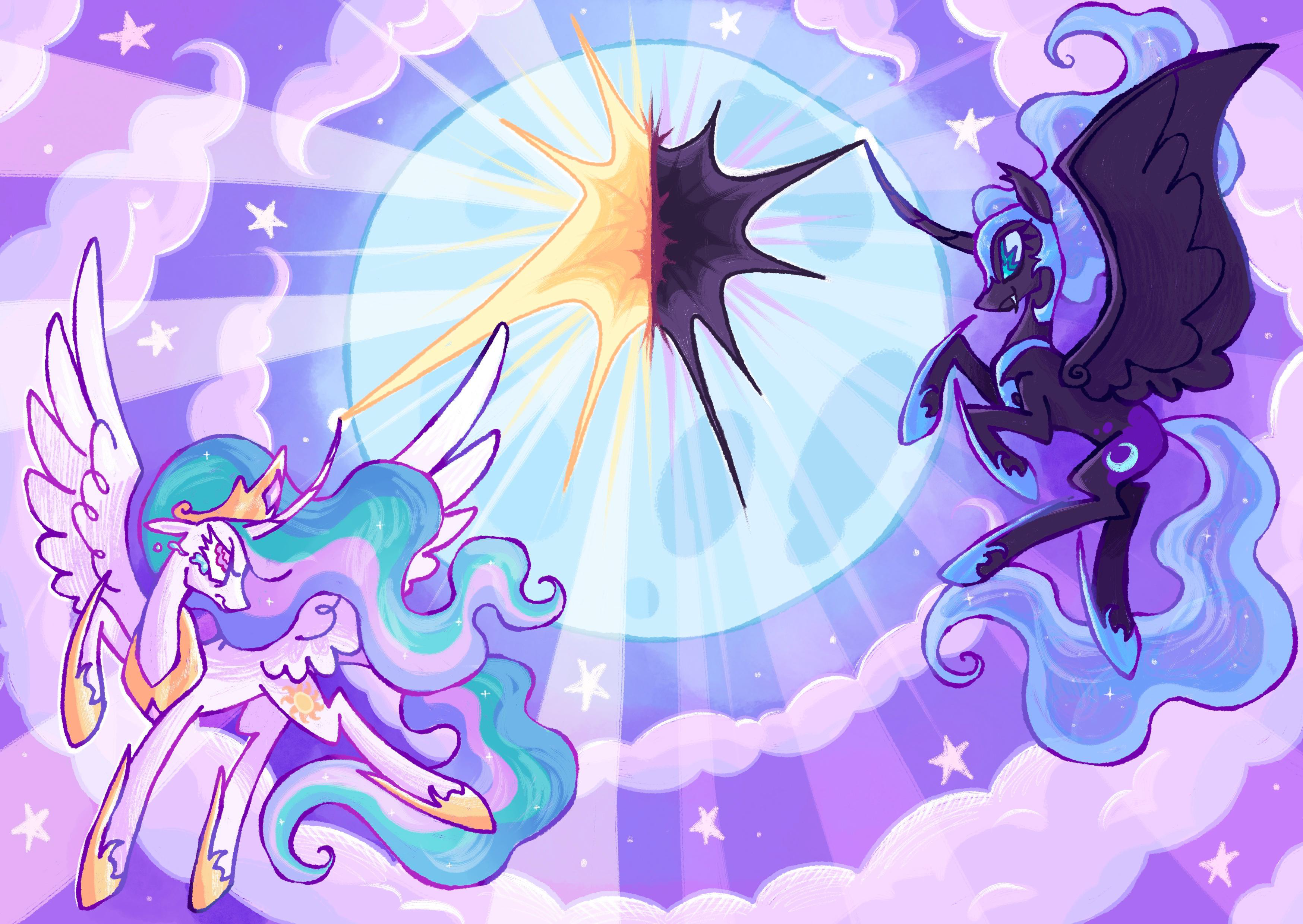 #3542398 - safe, artist:raineydayes, nightmare moon, princess celestia ...