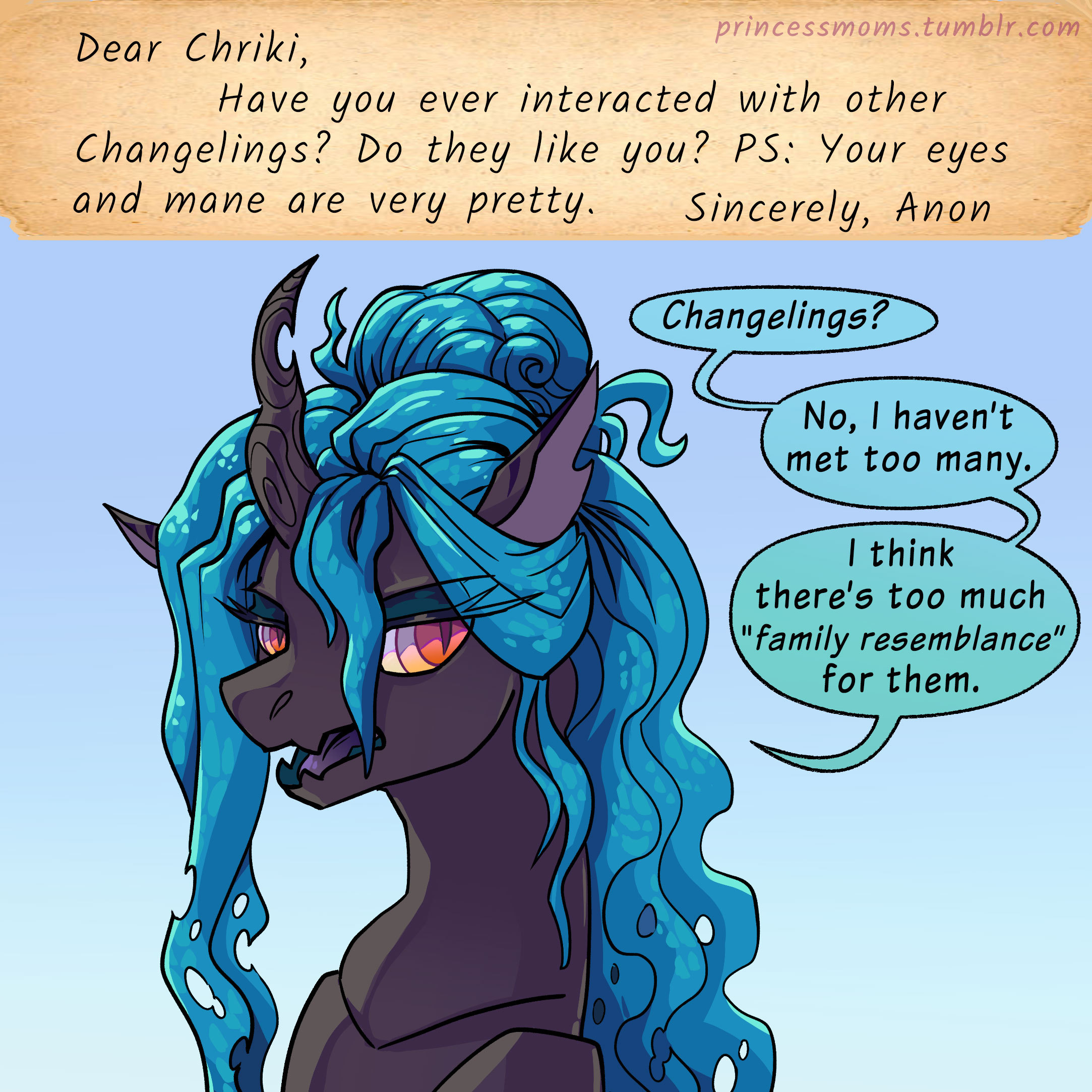 #3563483 - safe, artist:overlordneon, oc, oc only, oc:chriki, changeling, changeling queen, ask ...