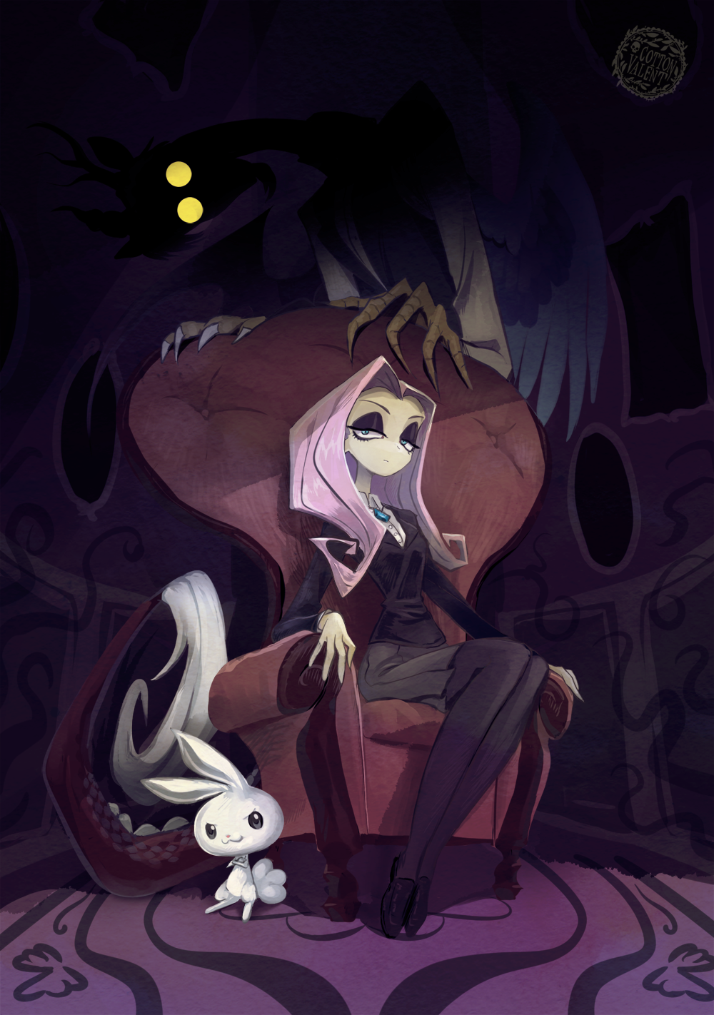 #3566371 - safe, artist:cottonvalent, angel bunny, discord, fluttershy ...