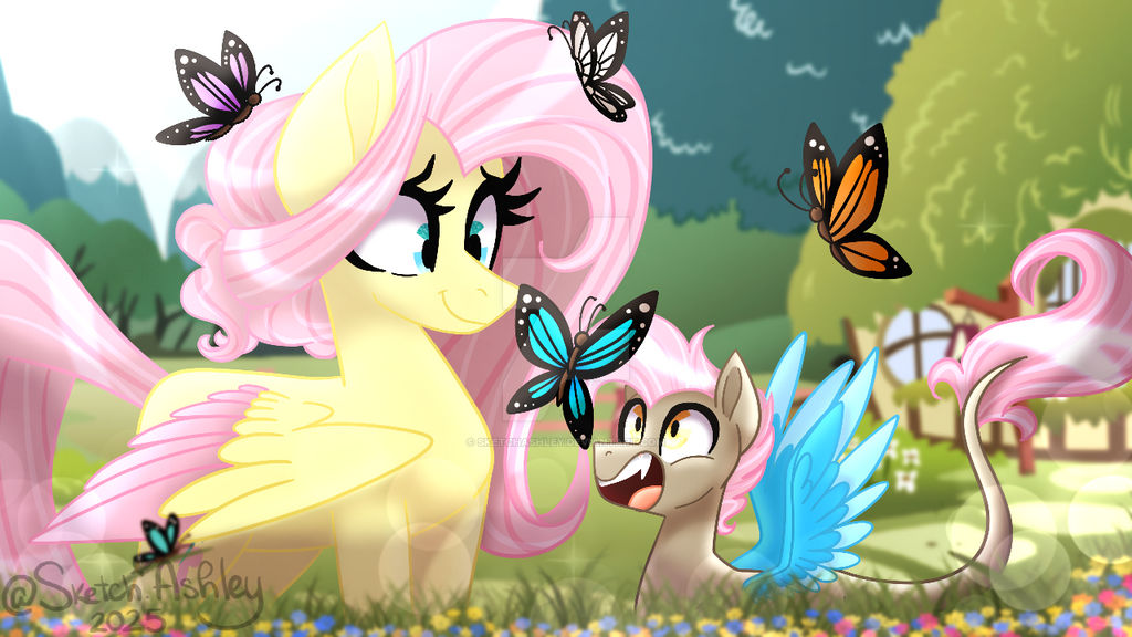 #3570594 - safe, artist:sketchashley, fluttershy, oc, oc:orchid, butterfly, hybrid, pegasus, g4 ...