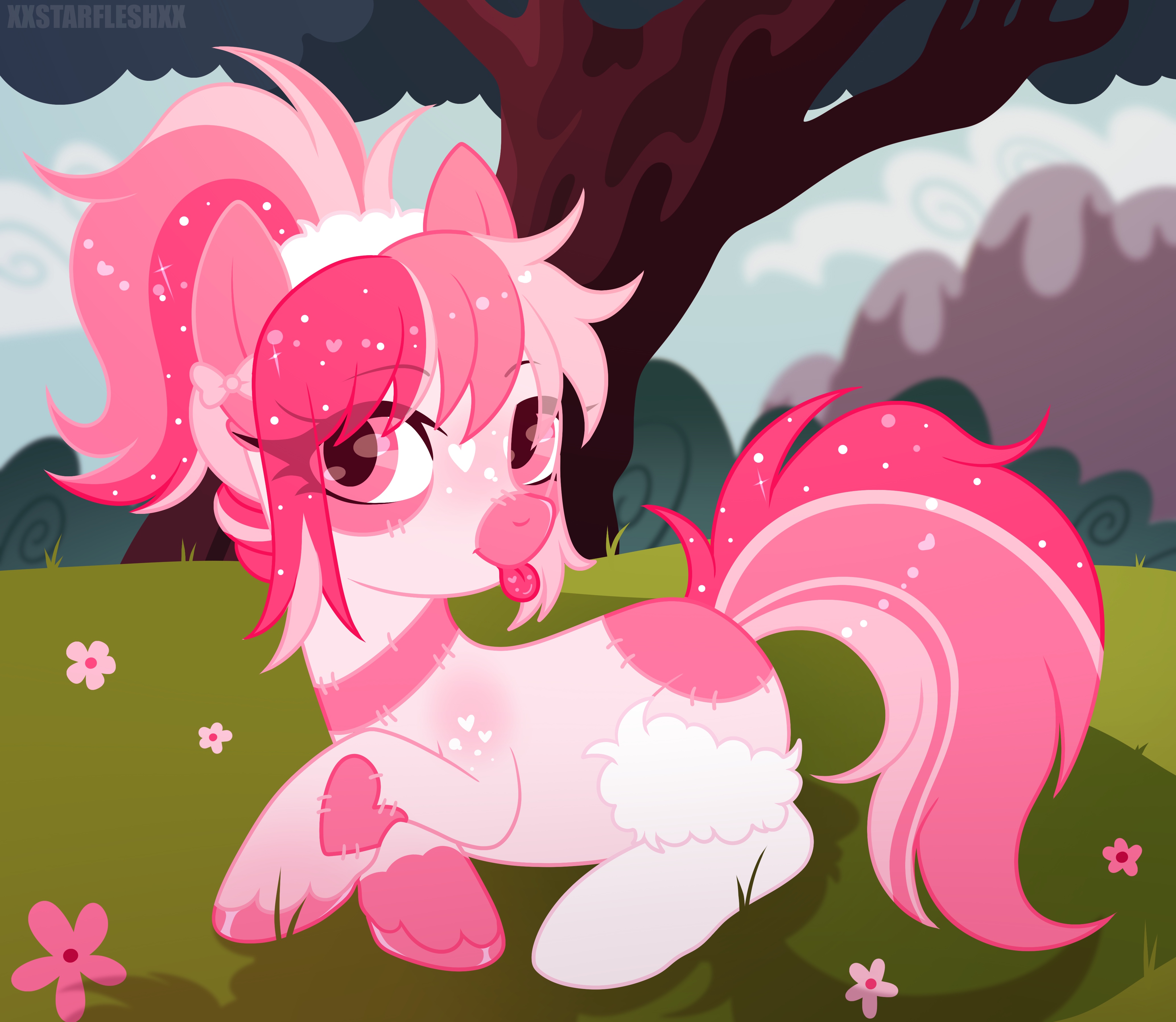 #3574754 - safe, artist:sparkleshiet, oc, oc only, oc:pink patches, earth pony, pony, :p, bow ...