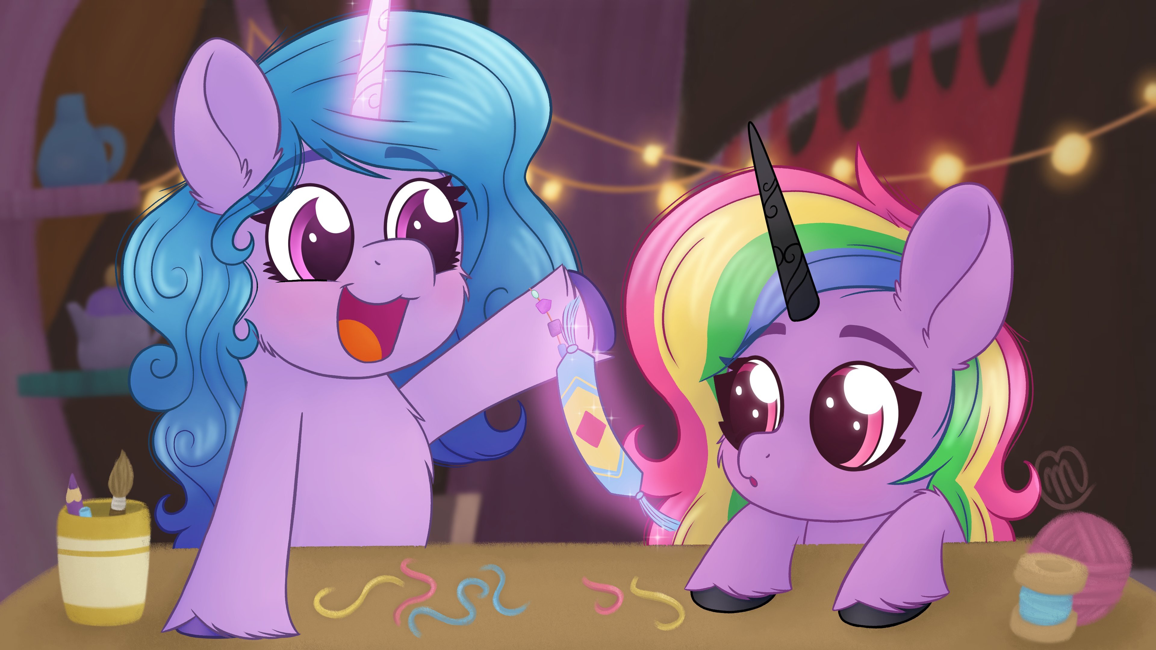 #3584339 - safe, artist:msaniiart, izzy moonbow, oc, pony, unicorn, g5, bracelet, crafting, cup ...