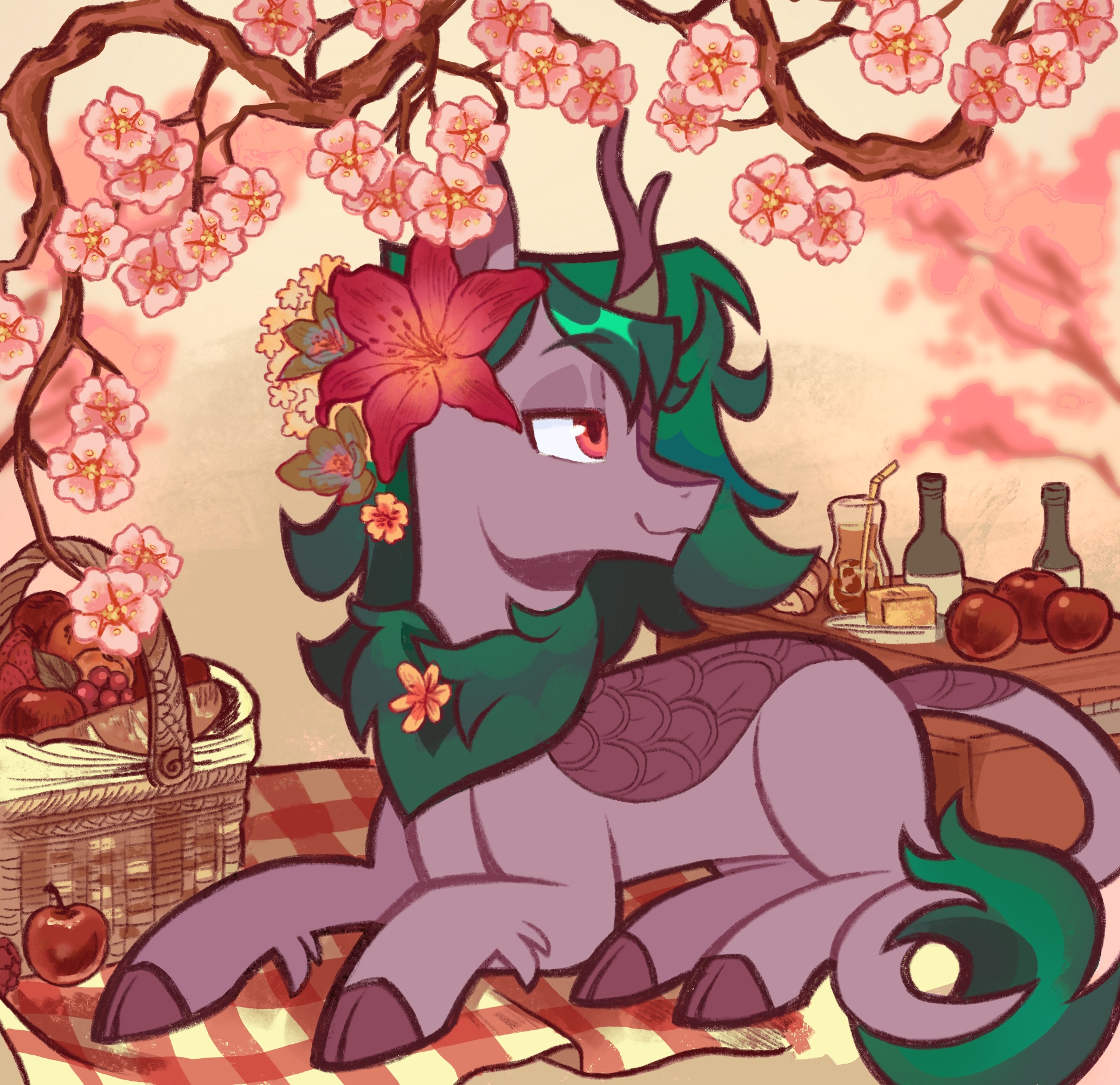 #3586483 - safe, artist:cowboypony, oc, oc only, oc:skywell, kirin, pony, apple, basket, bottle ...