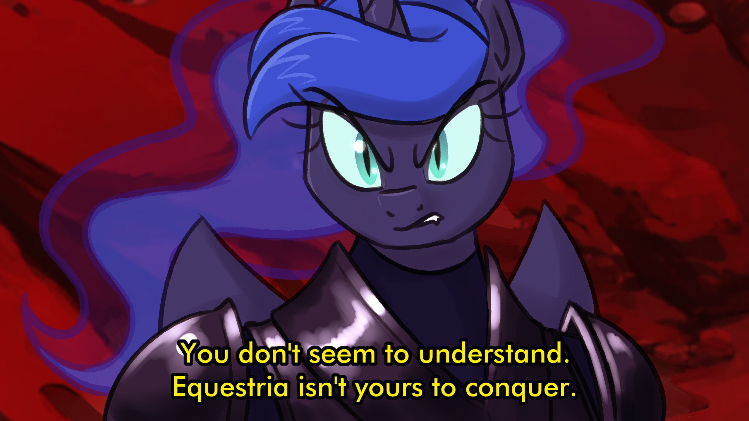 #3587089 - safe, artist:moonatik, princess luna, alicorn, anthro, g4, armor, caption, fangs ...