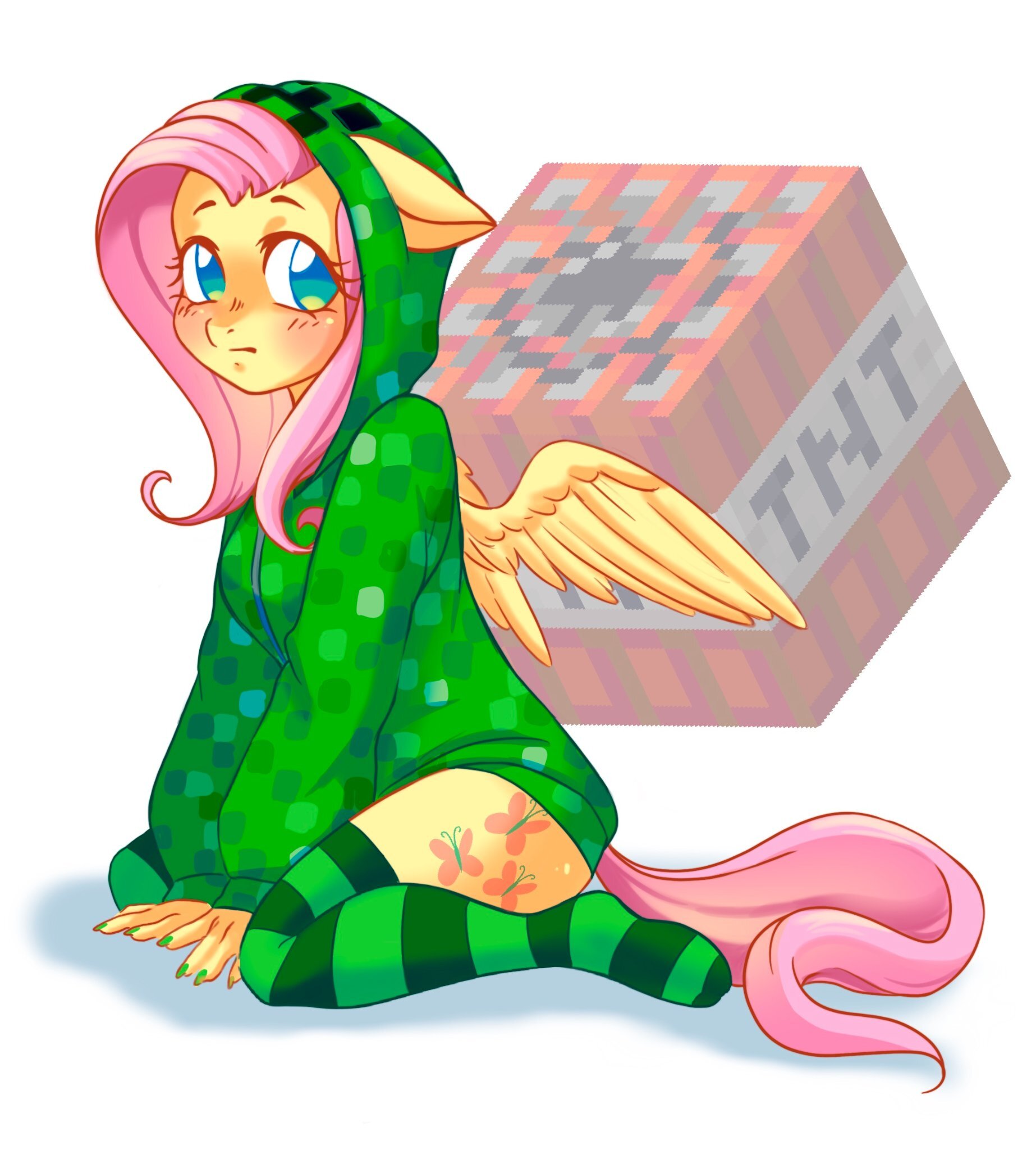 #3592767 - safe, artist:murimio, fluttershy, pegasus, anthro, g4, blushing, clothes, creepershy ...