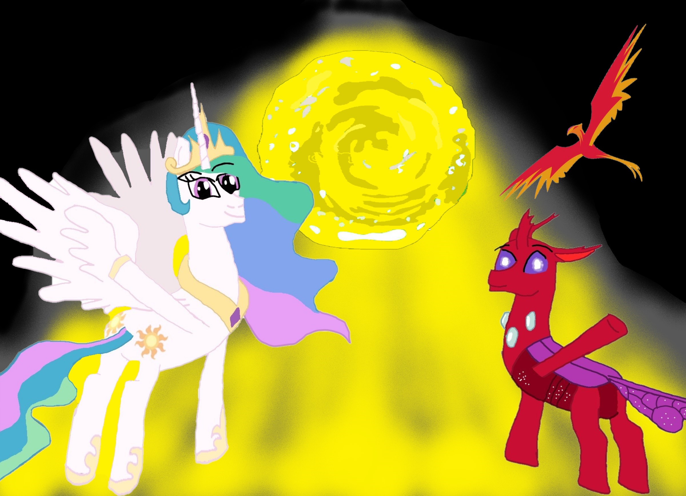 #3595661 - safe, artist:fearlescriss, philomena, princess celestia, oc, oc:criss the fearless ...