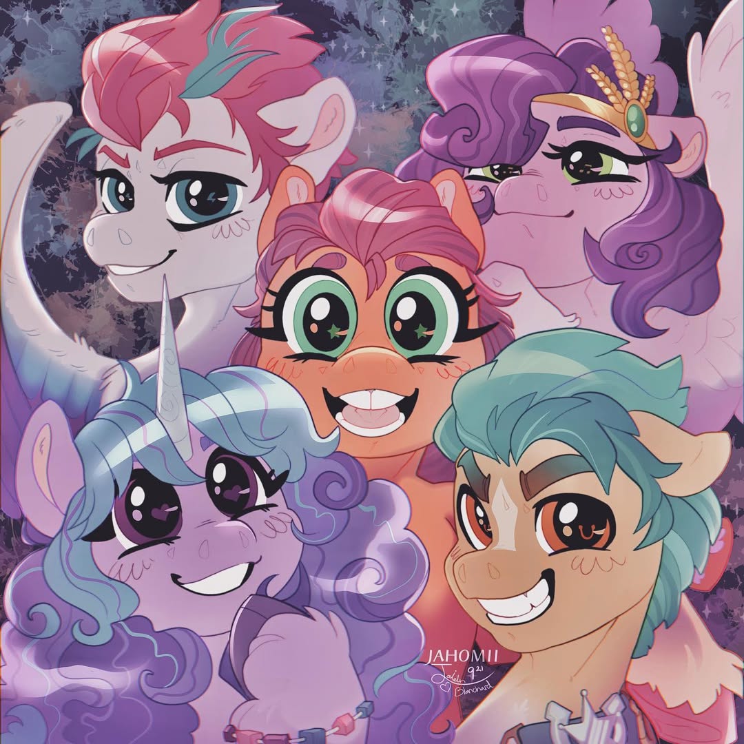 #3596831 - safe, artist:jahomii, hitch trailblazer, izzy moonbow, pipp petals, sunny starscout ...