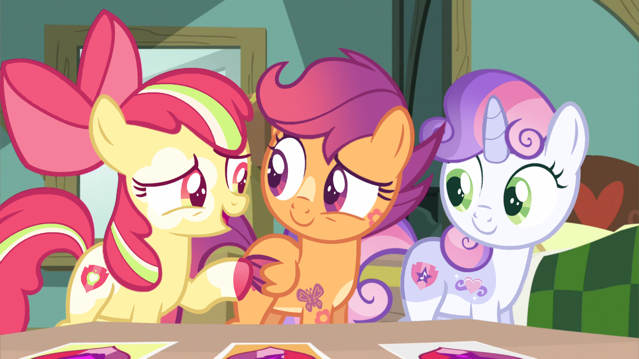 #3580543 - safe, artist:pickledjarr, edit, edited screencap, screencap, apple bloom, scootaloo ...