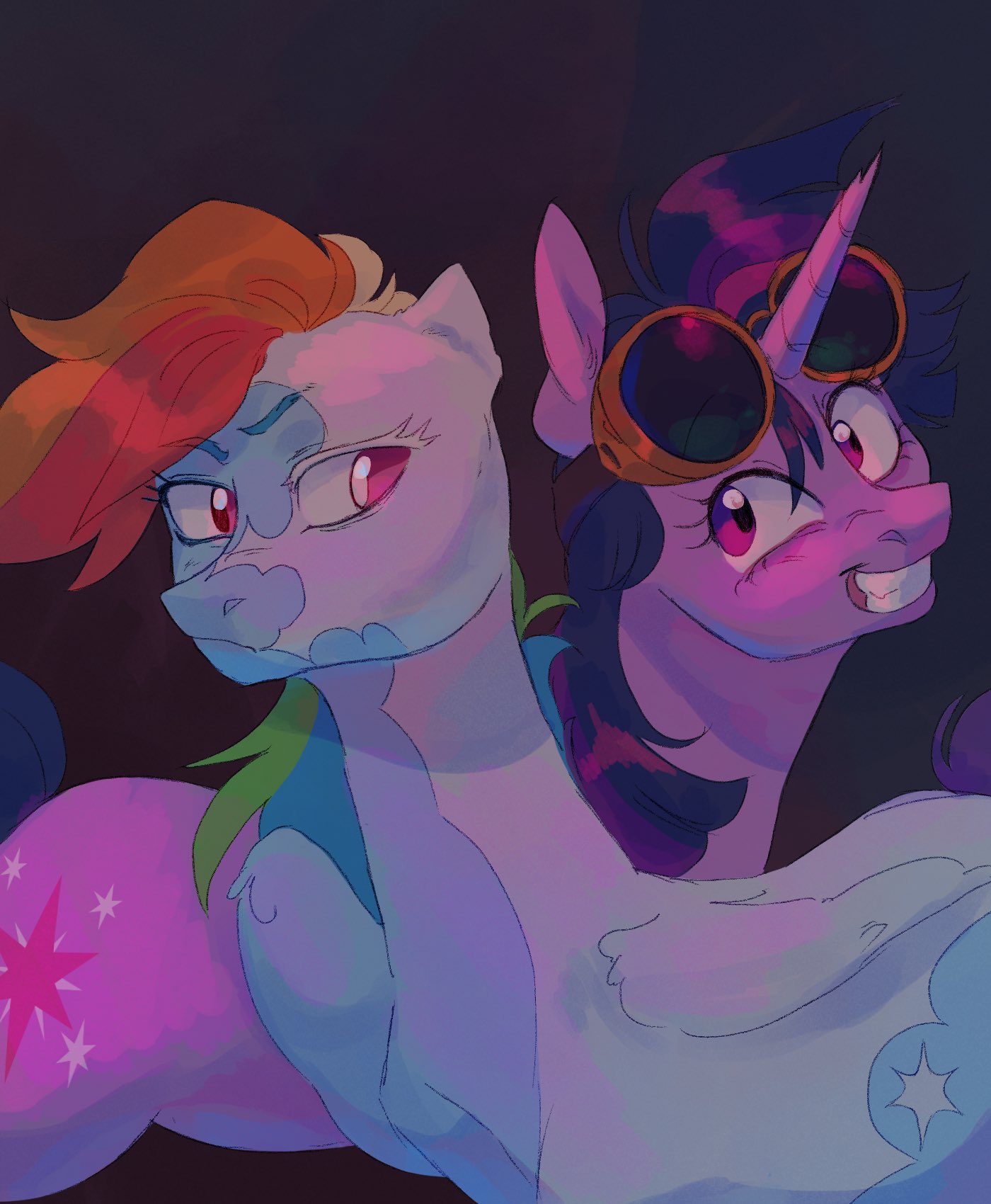 #3582990 - safe, artist:abbytabbys, rainbow dash, twilight sparkle, pegasus, pony, unicorn, moon ...