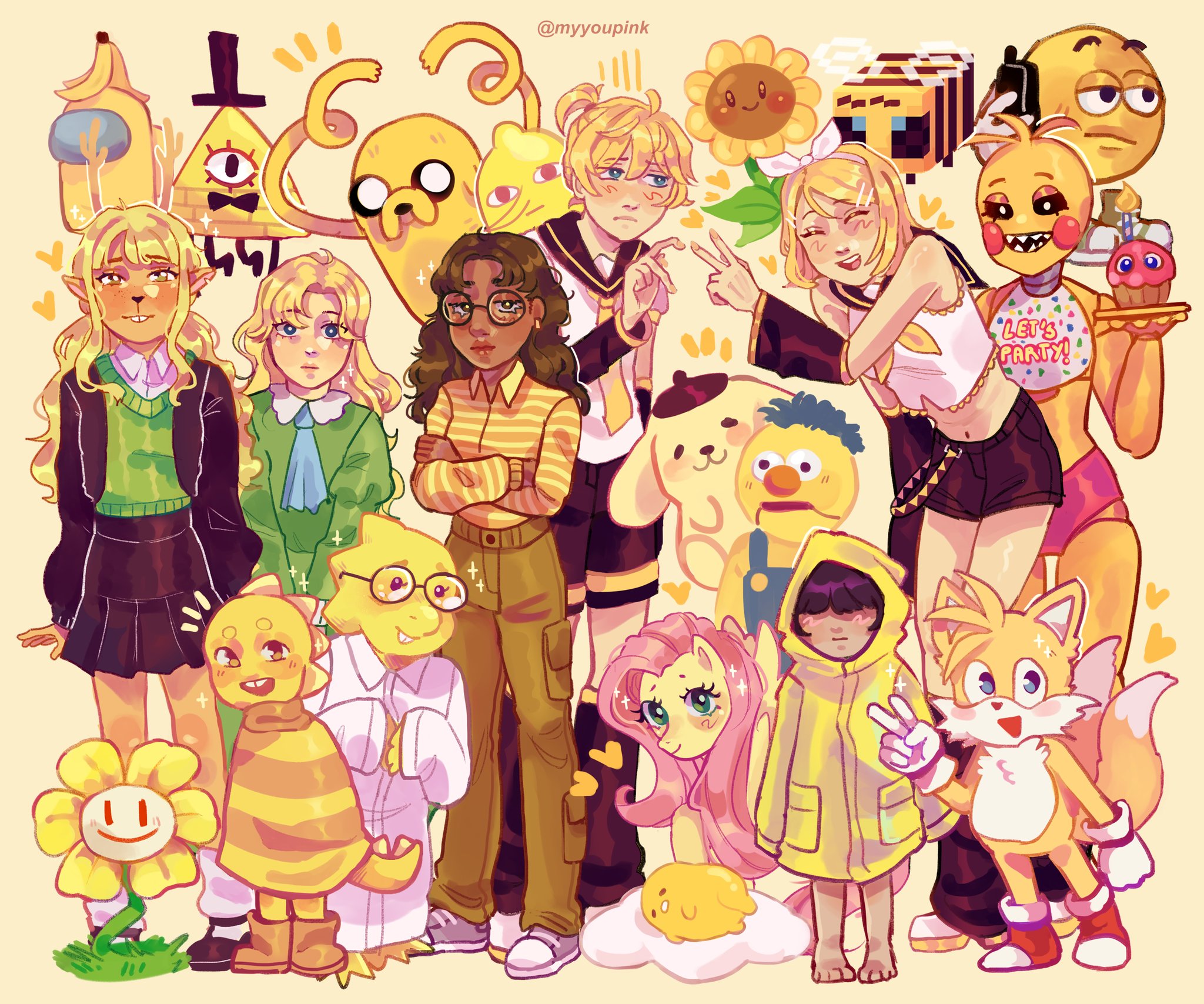 #3583564 - safe, artist:myyoupink, fluttershy, bee, bird, chicken, dog ...