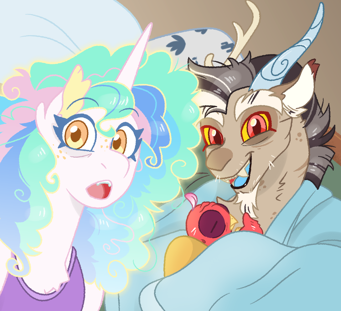 #3607564 - safe, artist:queerhorses, discord, princess celestia, oc, oc:ether, alicorn ...