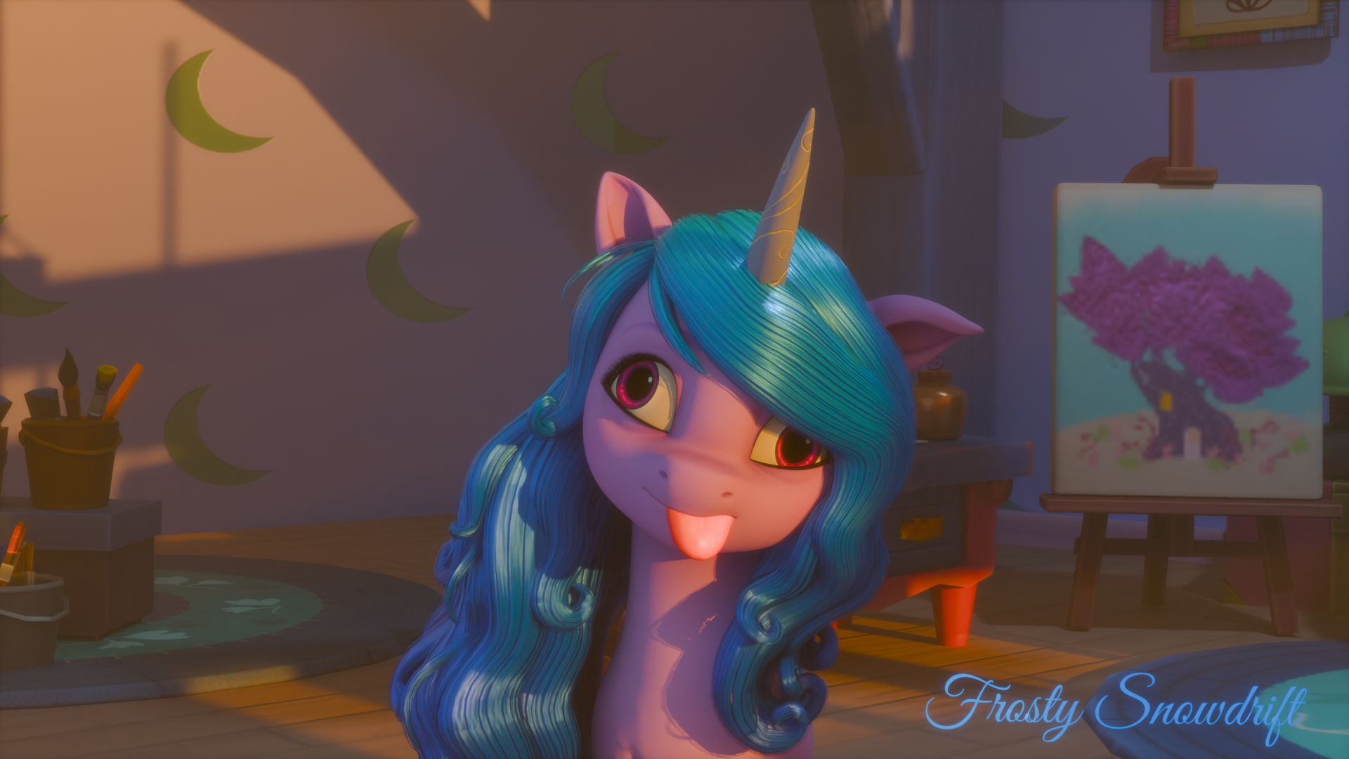 #3609758 - safe, artist:frostysnowdrift, izzy moonbow, pony, unicorn, g5, 3d, :p, blender ...