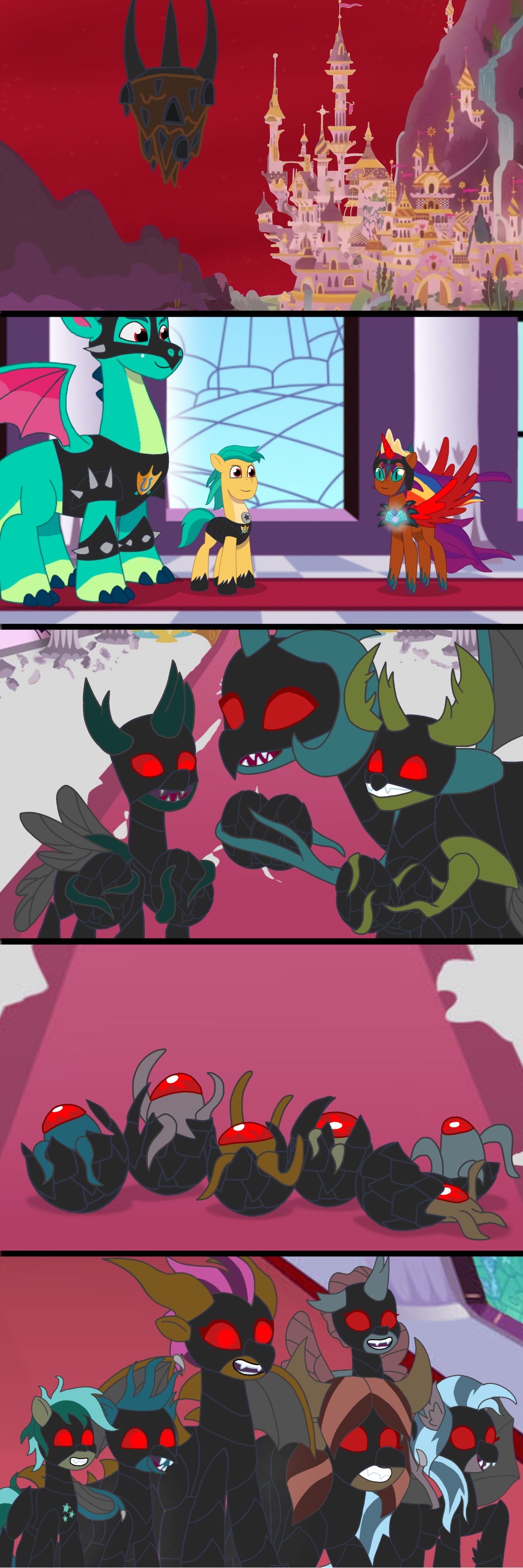 #3611072 - safe, artist:arkogon, gallus, hitch trailblazer, ocellus, pharynx, princess ember ...