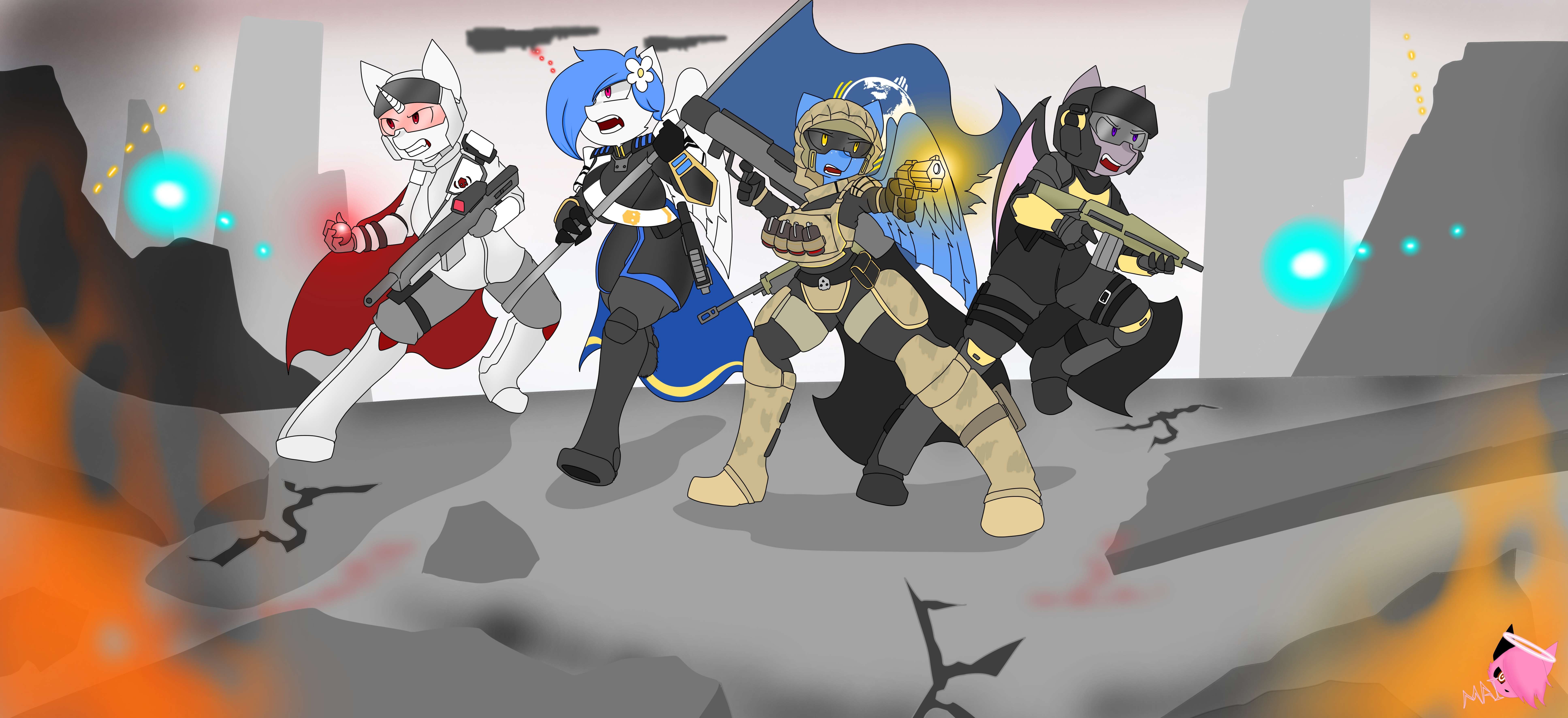 #3613843 - safe, oc, oc:blue bolt, oc:red rocket, bat pony, pegasus, unicorn, anthro, armor ...