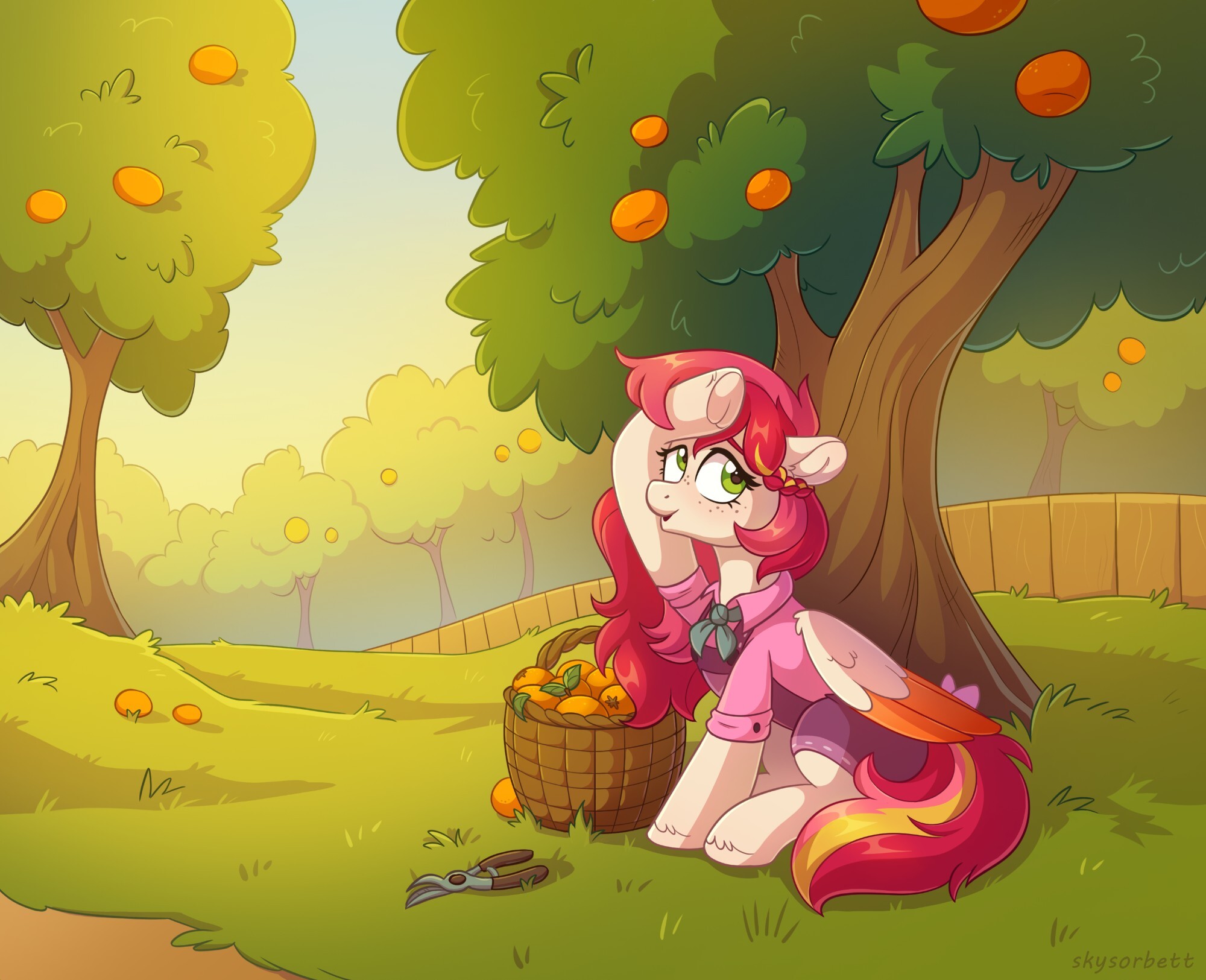 #3614370 - safe, artist:skysorbett, oc, oc only, oc:sunshine juice, pegasus, pony, basket ...