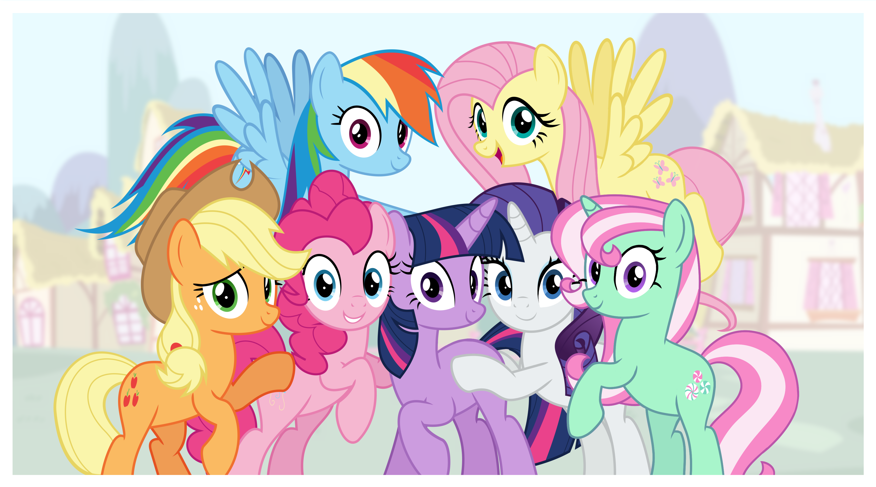#3616482 - safe, artist:y2kitty, applejack, fluttershy, minty (g4), pinkie pie, rainbow dash ...