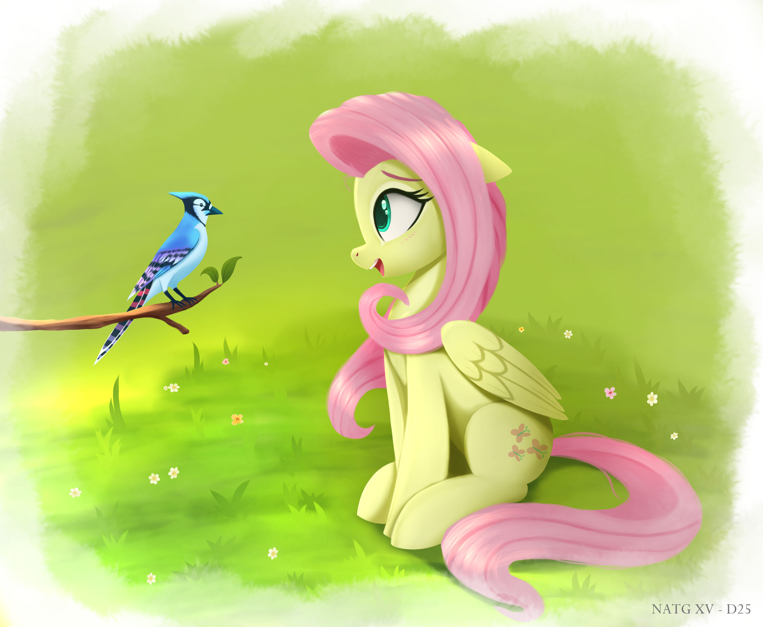 #3631452 - safe, artist:darksly, fluttershy, bird, blue jay, pegasus ...