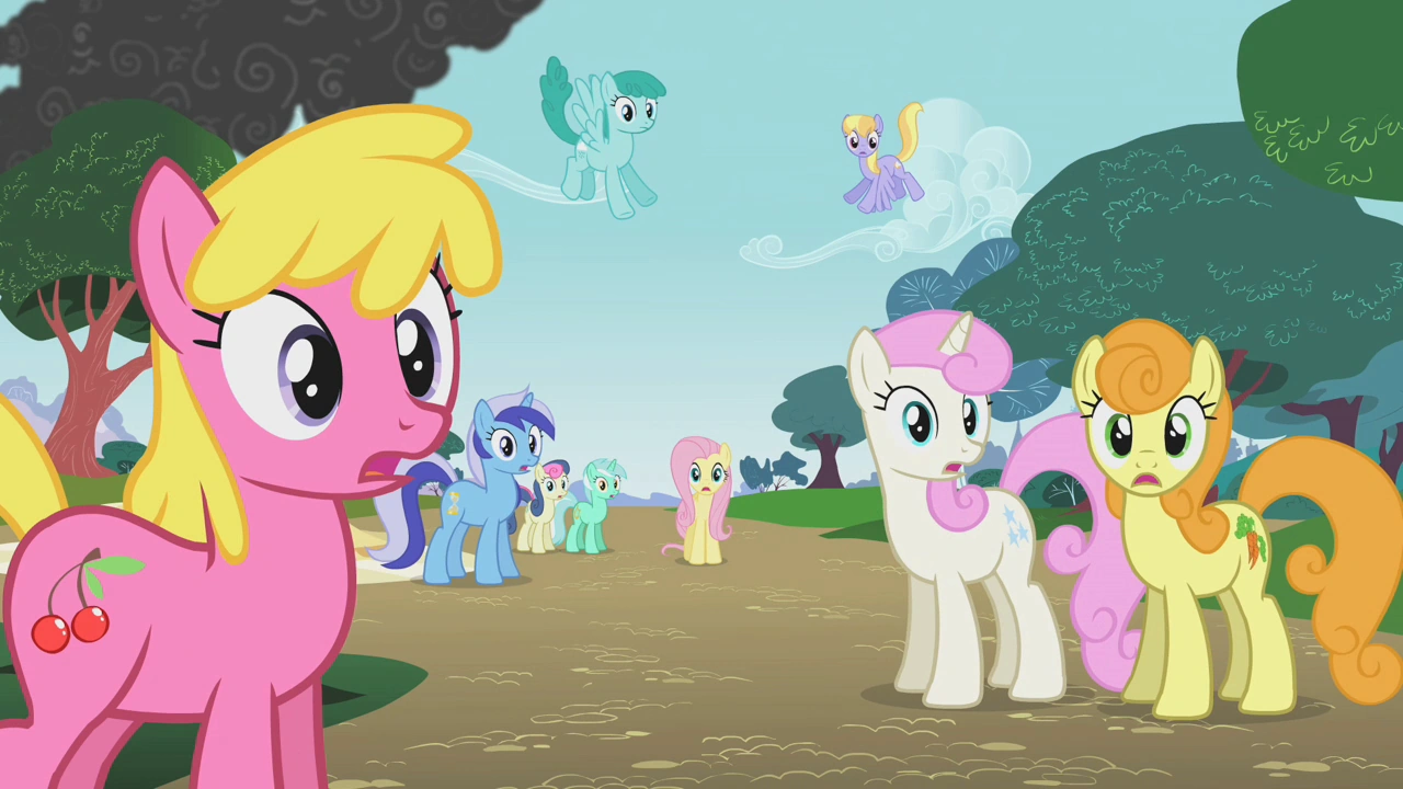 #3643845 - safe, screencap, bon bon, carrot top, cherry berry, cloud ...