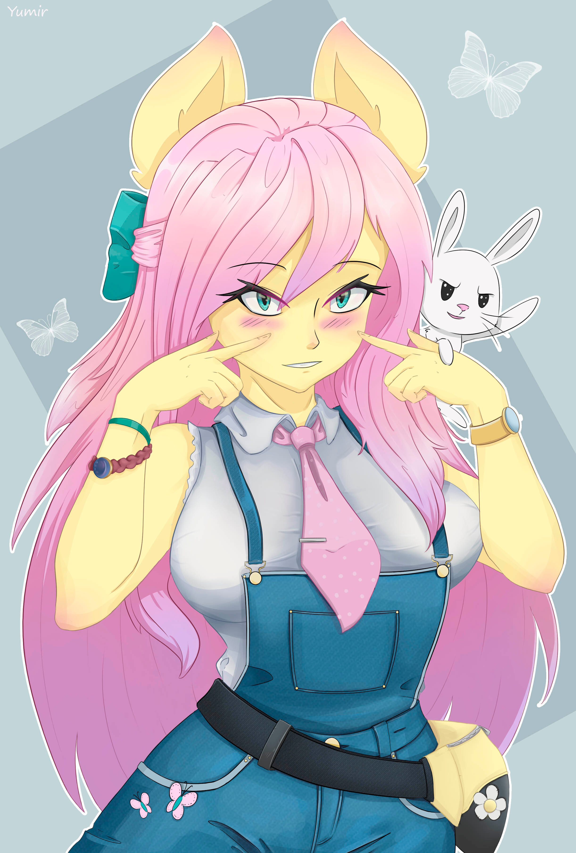 #3646994 - safe, artist:yumir, angel bunny, fluttershy, human, rabbit ...