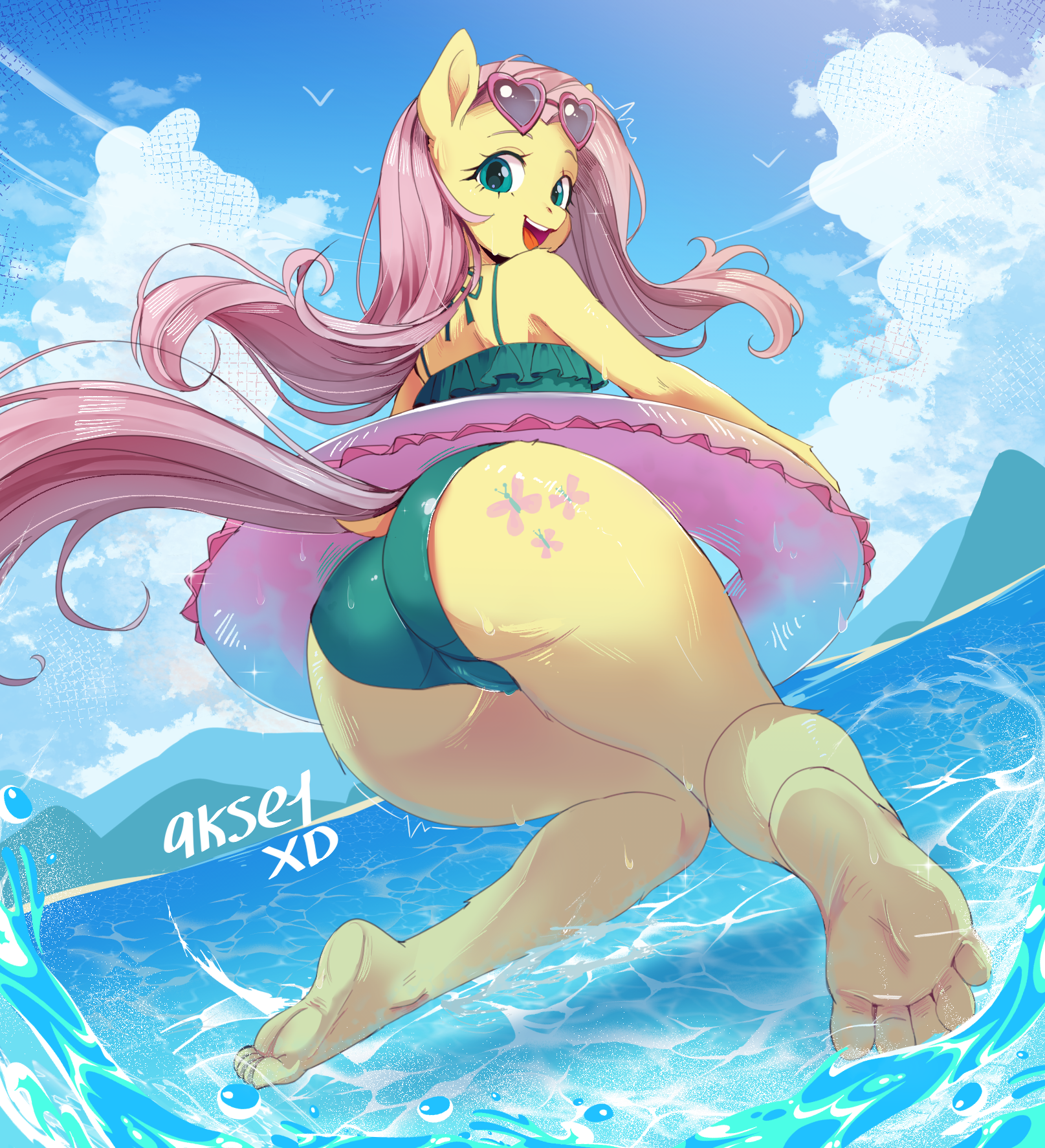 #3649256 - suggestive, artist:akse1xd, fluttershy, pegasus, anthro, plantigrade anthro, g4, ass ...