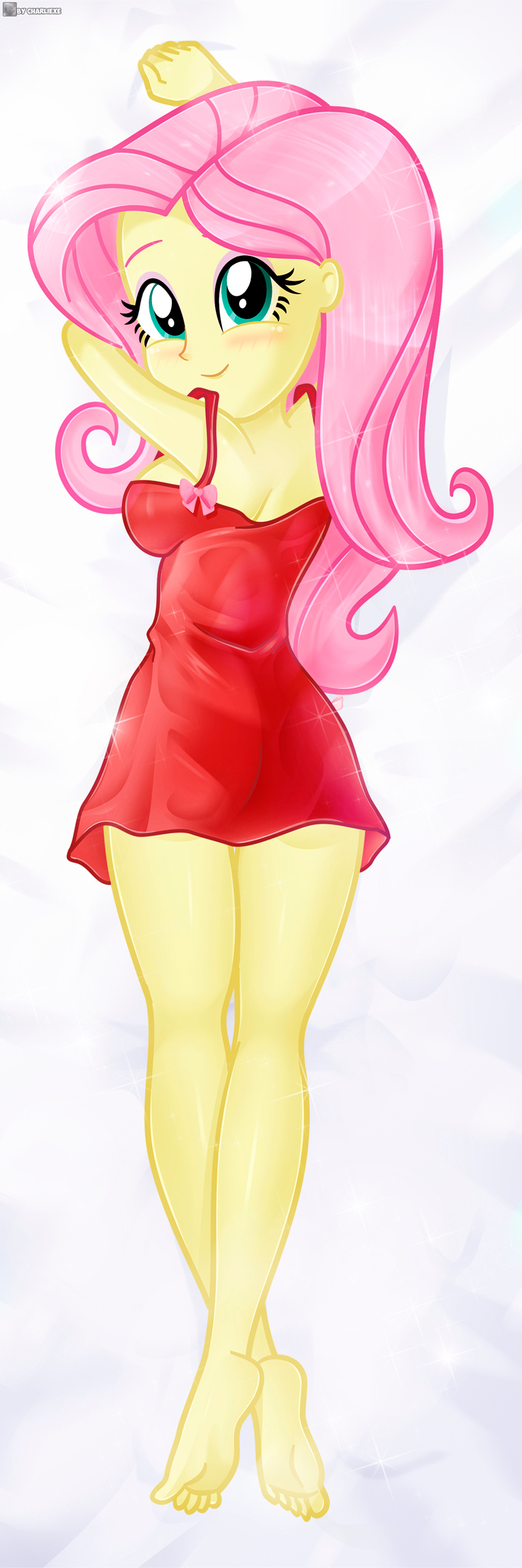 #3673990 - suggestive, artist:charliexe, fluttershy, equestria girls, g4, barefoot, blushing ...