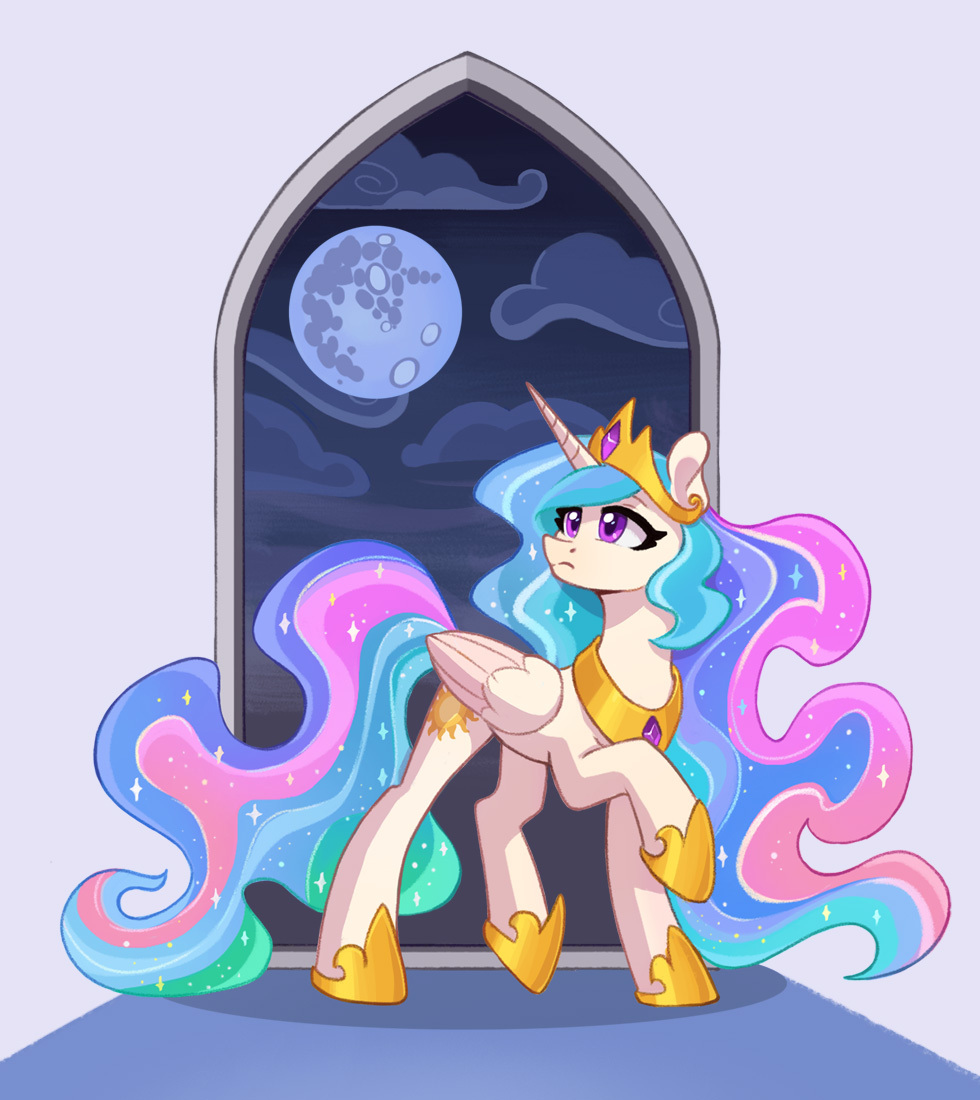 #3670435 - safe, artist:maytee, princess celestia, alicorn, pony, g4, female, full moon, looking ...