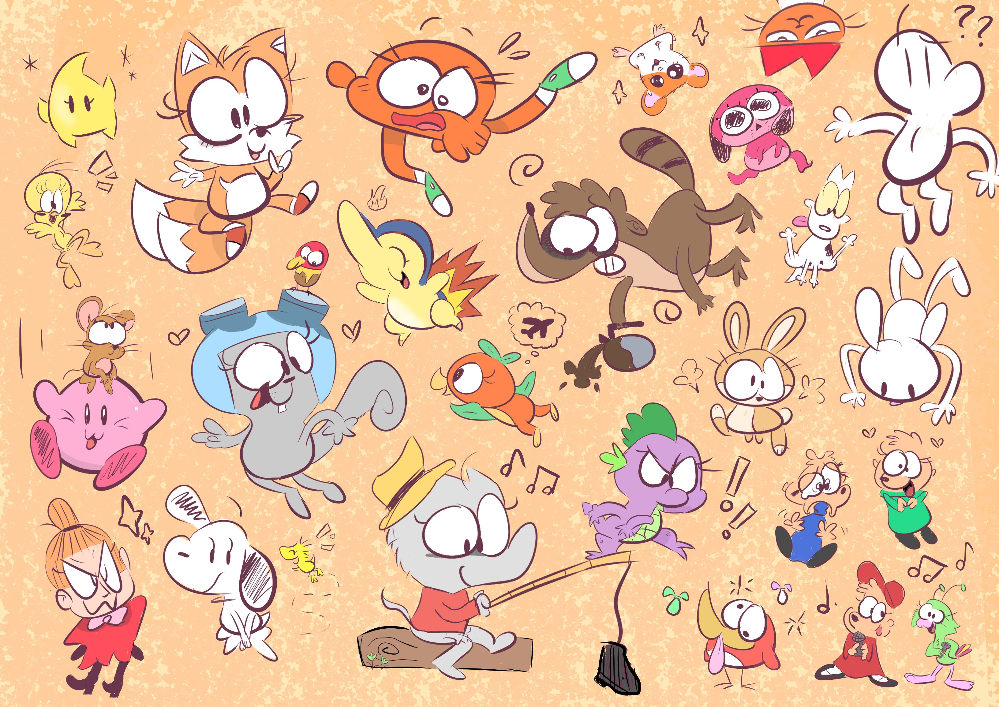 #3671423 - safe, artist:ragtagstuff, spike, bird, canary, chipmunk ...