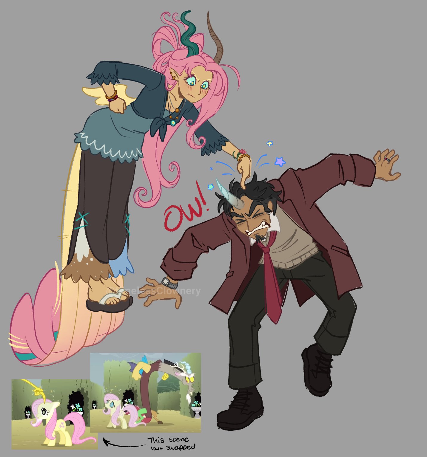 #3754699 - safe, artist:timelessclownry, discord, fluttershy, human, g4 ...
